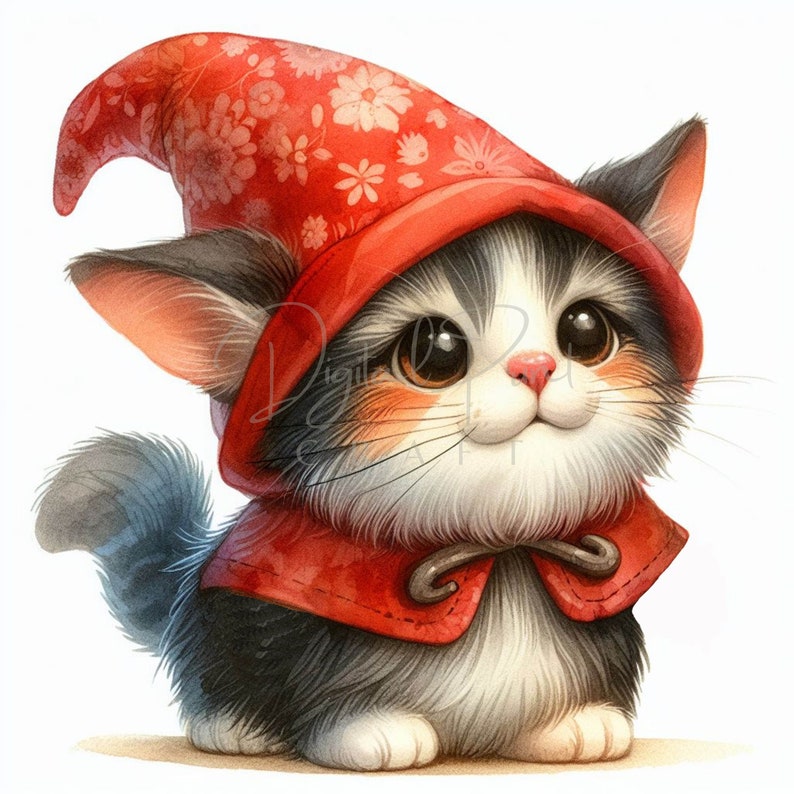 Gnome Cat Watercolor Clipart Bundle , 13 JPG High Quality Clipart, Pet ...