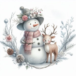 10 Snowman Reindeer, Cute Snow Clipart, Christmas for Kids, Watercolor ...