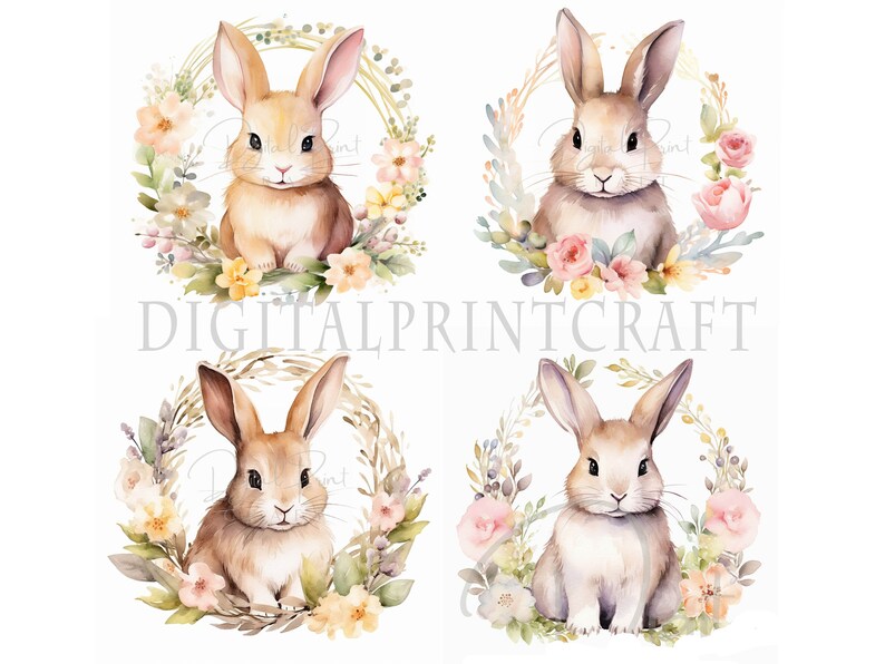 Bunny Flowers Wreath Clipart- 12 Bunnies PNG Transparent-digital ...