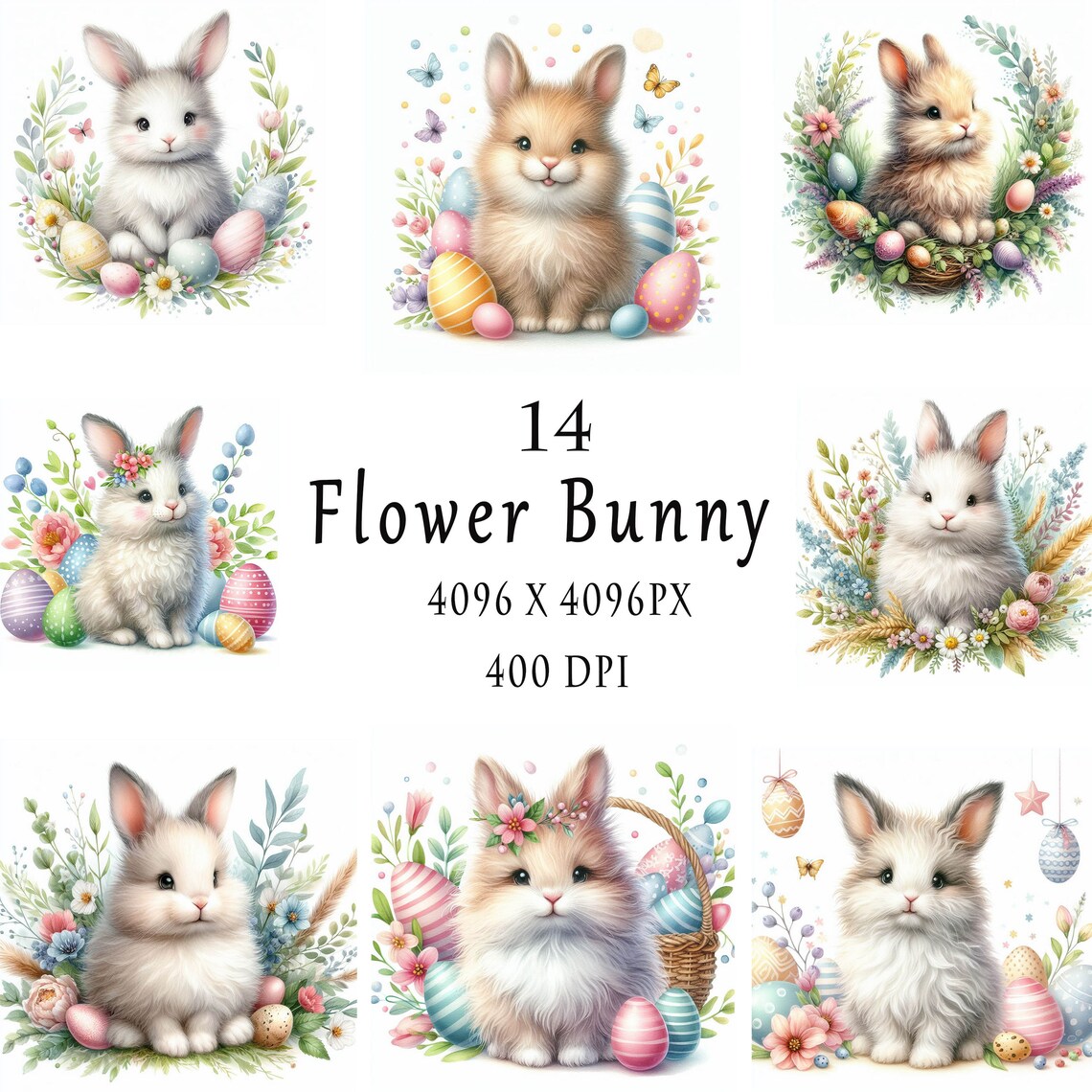 Bunny Flower Clipart, 14 High Quality Jpgs, Fluffy Bunny Clipart ...