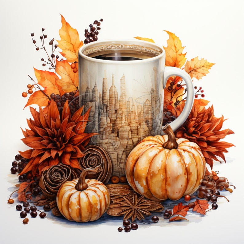 12 Fall Coffe Mug Clipart, Floral Autumn Decoration, Ideal for ...