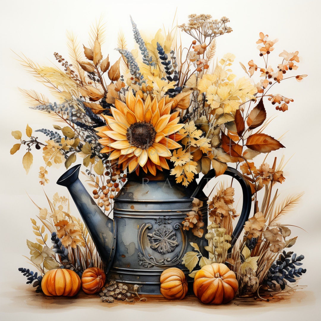 Fall Watering Cans Bouquet of Flowers, Nature Bucket, 11 Jpgs, Printable Watercolor Clipart ...