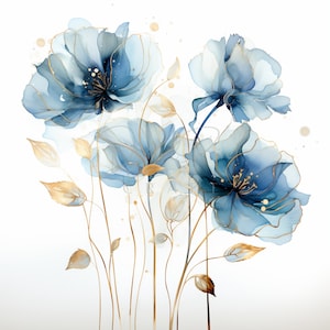 Floral Abstract Painting Clipart, Blue Gold Floral, 14 JPG, Printable ...