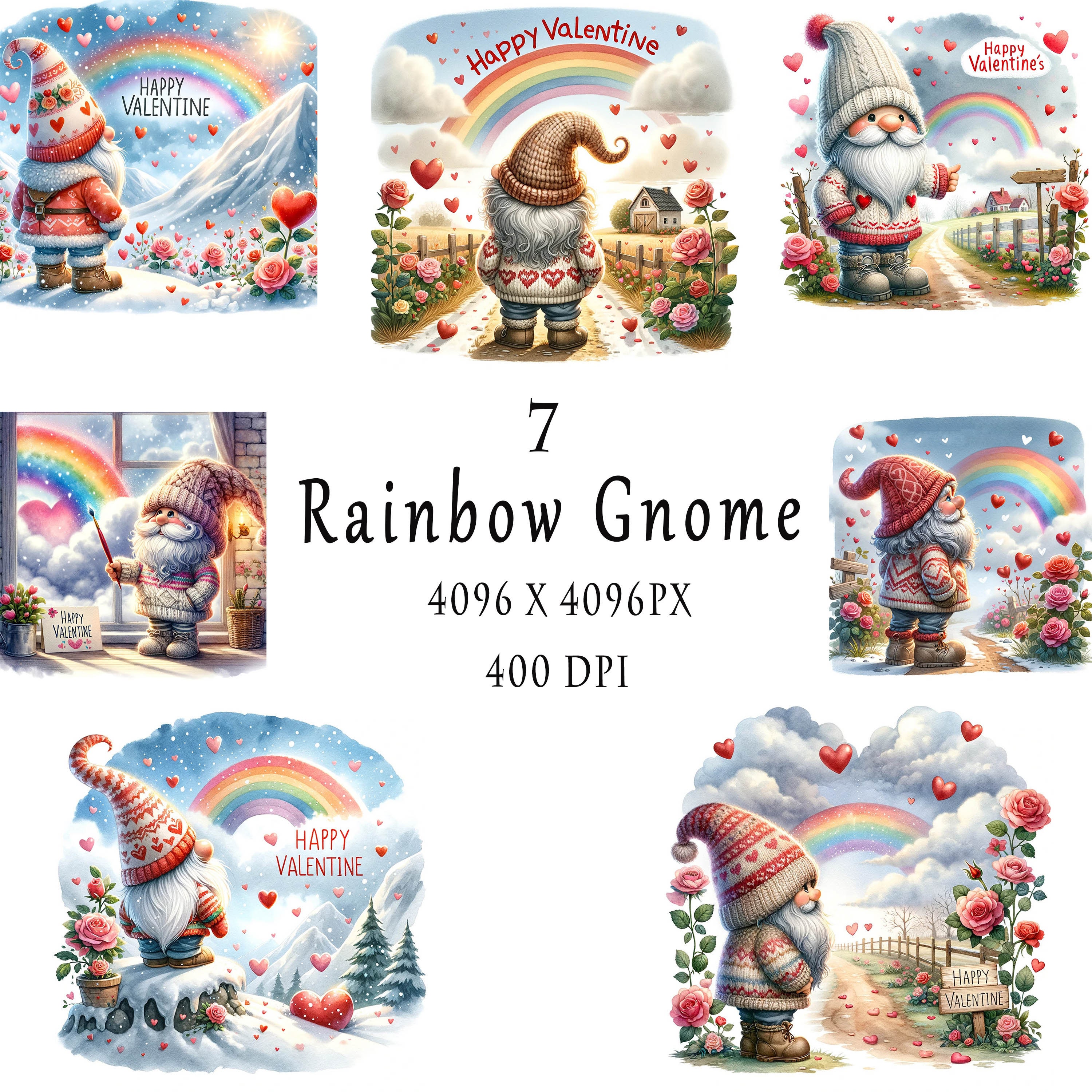 Happy Gnome Rainbow Clipart, 7 JPG Valentines Gnome Flower, Commercial ...