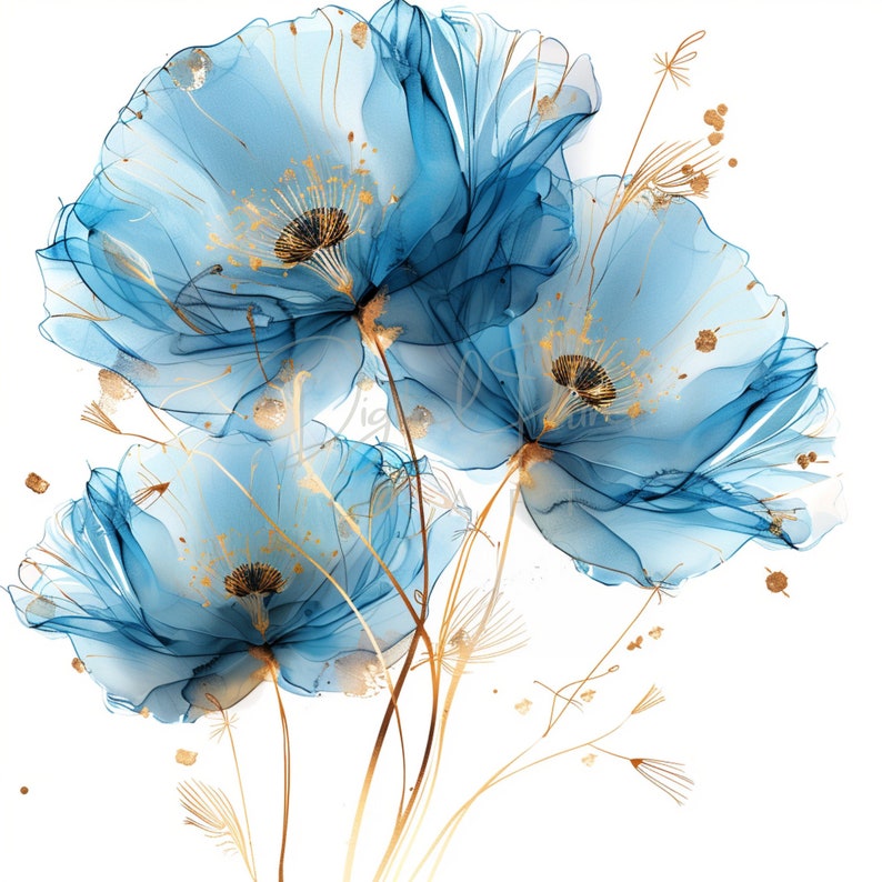 Abstract Floral Watercolor Print Clipart, Gold Blue Floral, 15 JPG ...