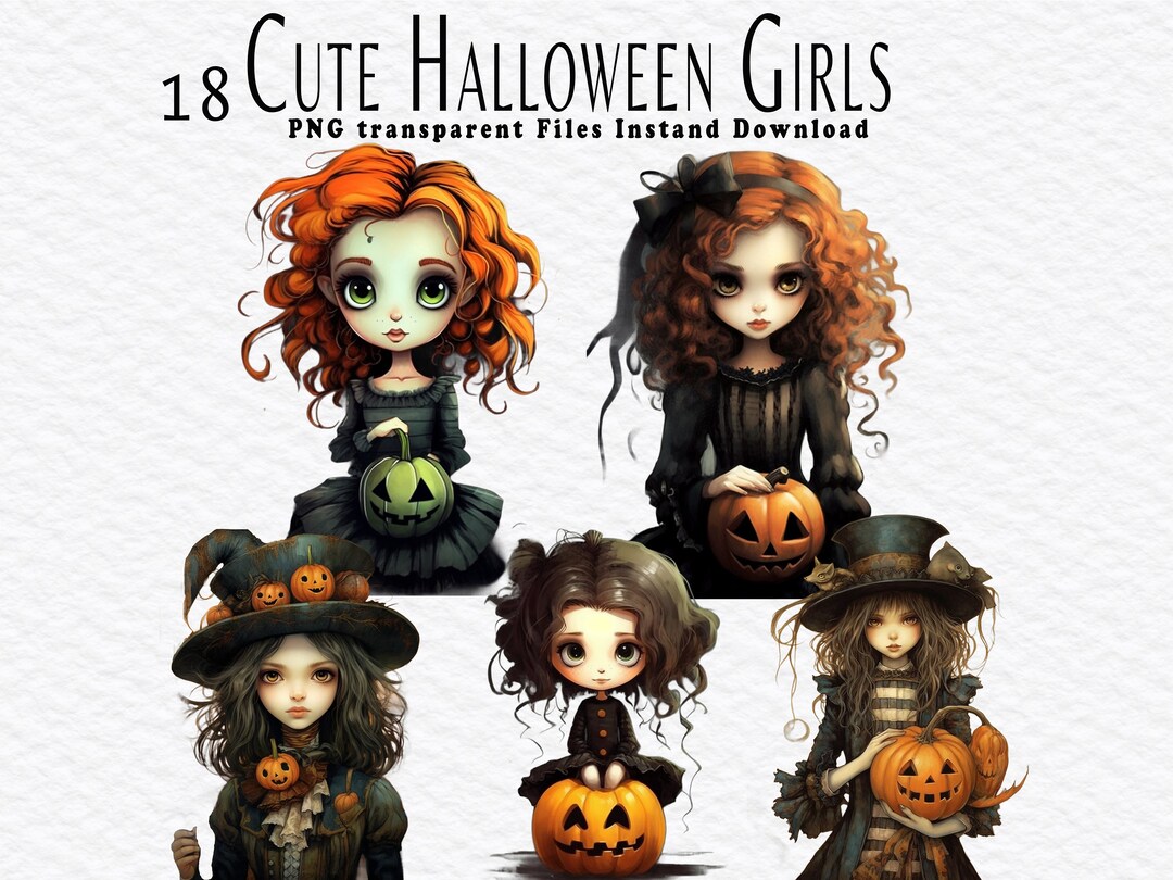 Halloween Girls Cute Clipart PNG Bundle Watercolor Halloween Vintage ...
