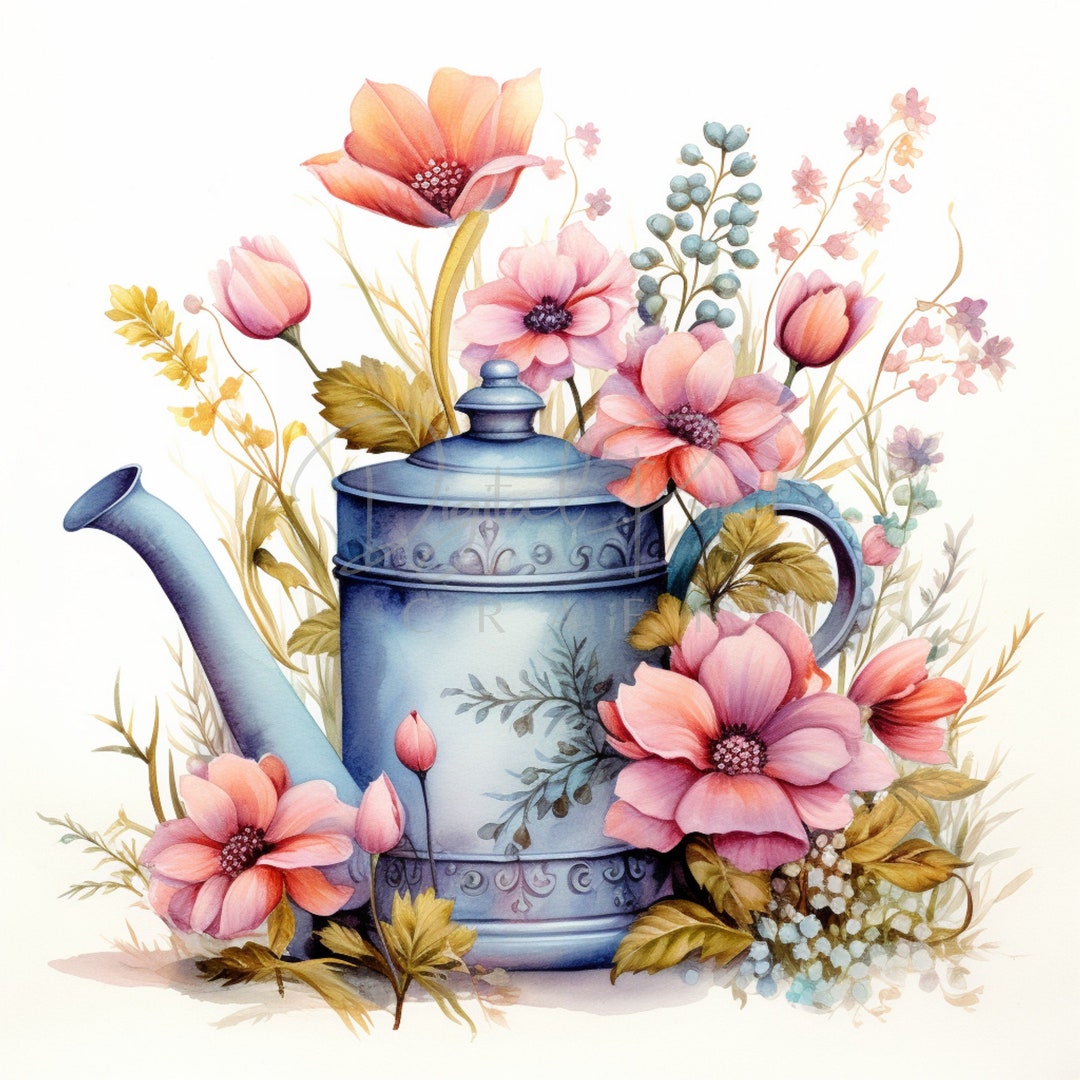 Shabby Chic Blue Watering Can, Flower Clipart, 12 High Quality Jpgs ...