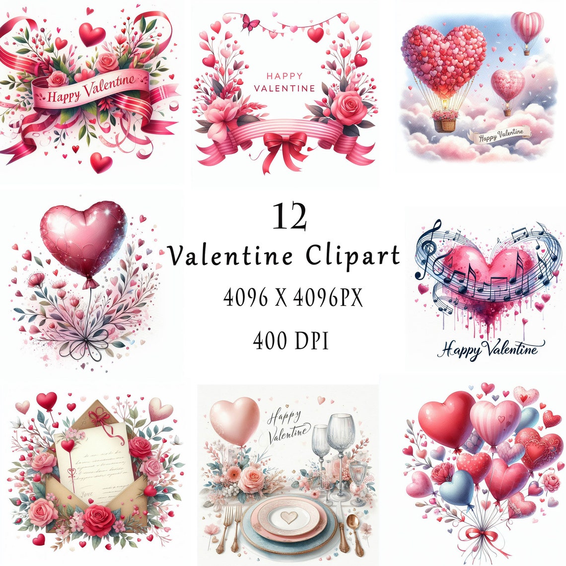 Valentine Clipart Set, 12 JPG Valentines Day Clipart, Valentine Love ...