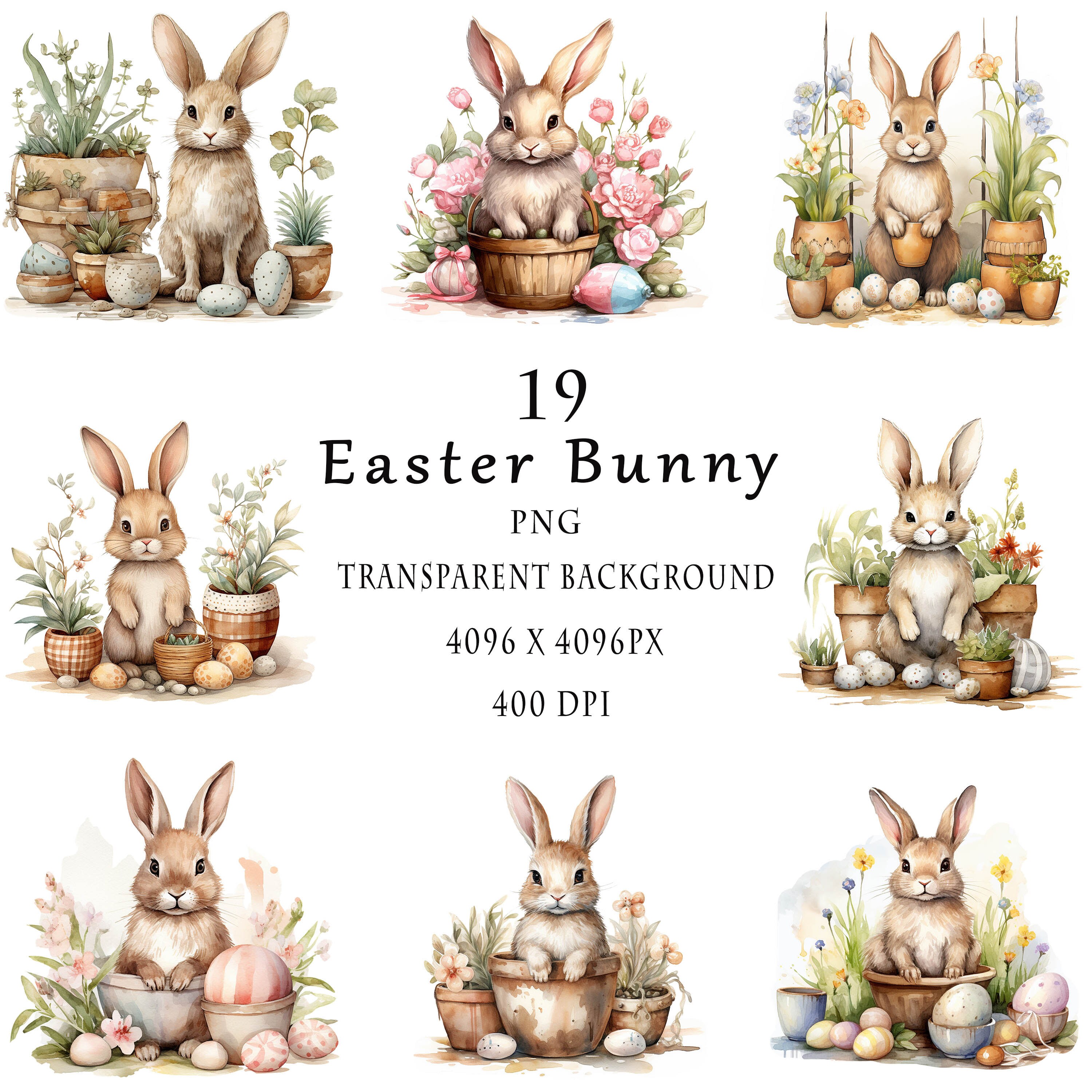 Easter Bunny Flower Spring Clipart, 19 High Quality Pngs, Rabbit ...