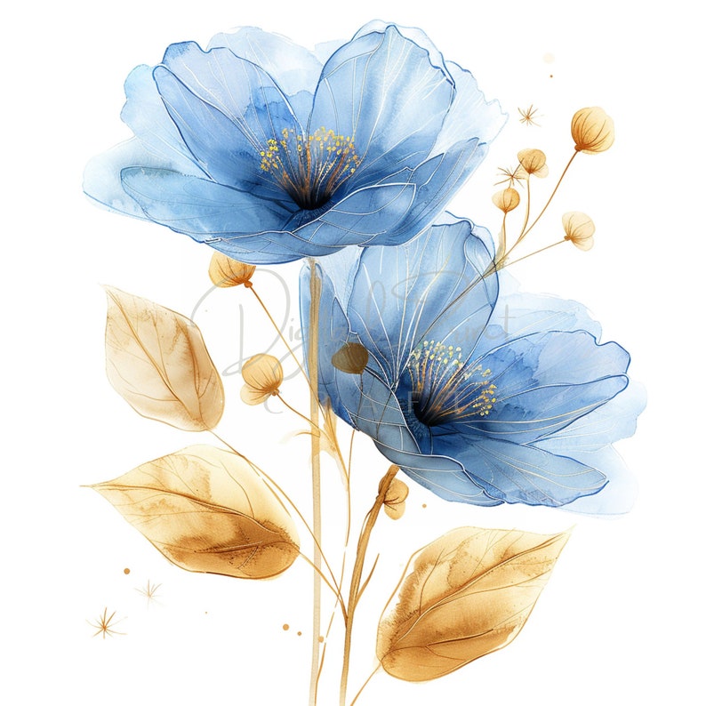 Flower Abstract Print Art Clipart, Gold Blue Floral, 20 Jpgs, Printable ...