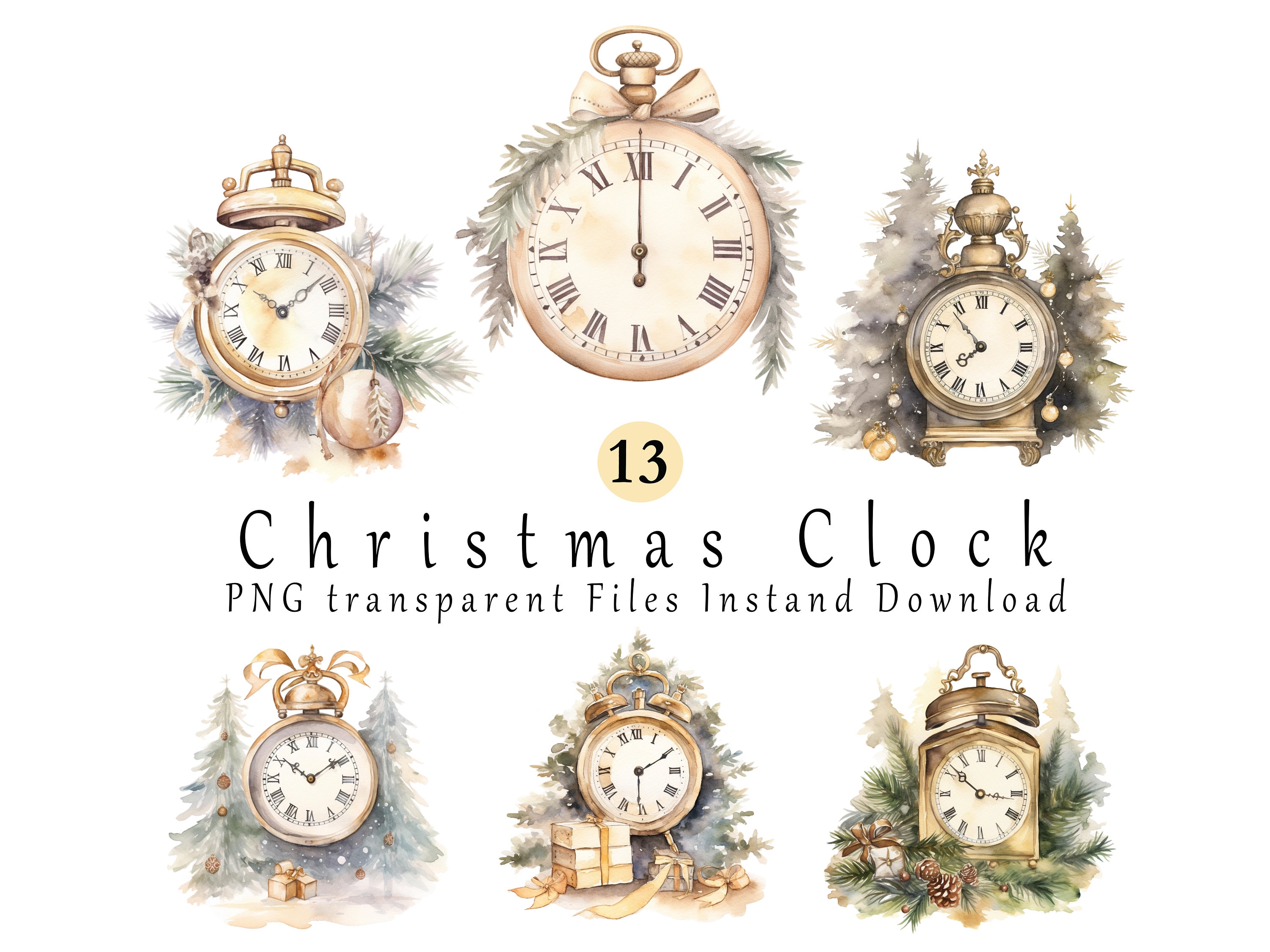 Christmas Clocks Clipart 11 Pngs Christmas Decoration Clock - Etsy