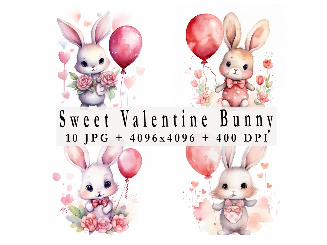 Watercolor Valentines Bunny Clipart, 10 JPG Valentines Day Clipart ...