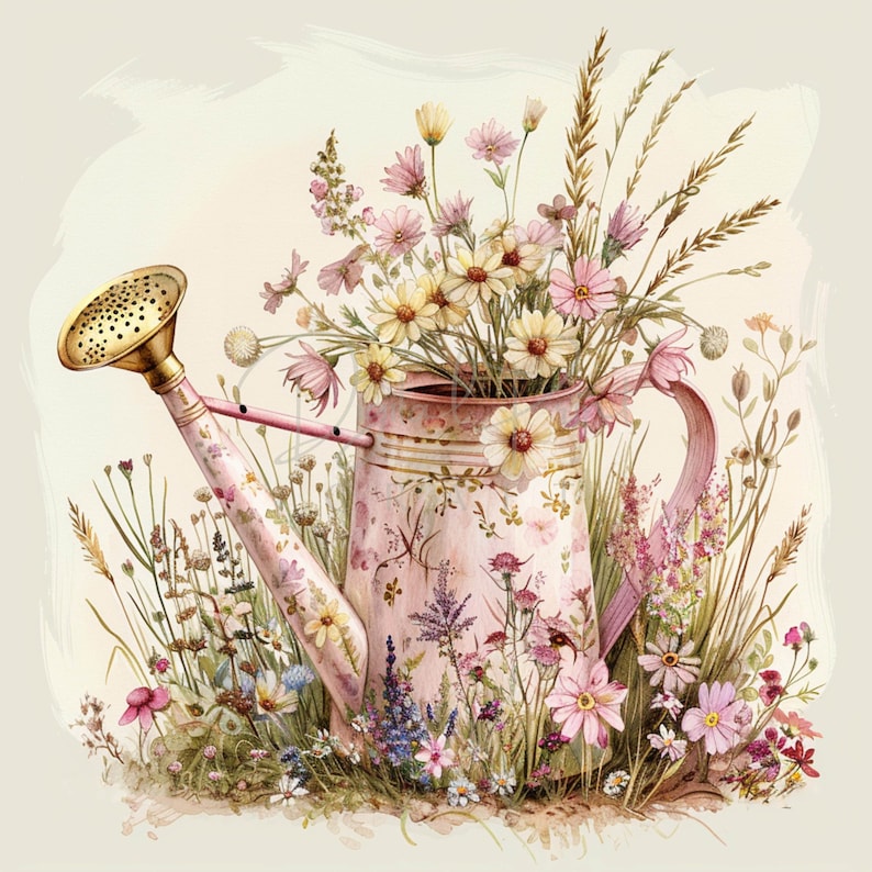 Shabby Chic Pink Watering Can, Flower Clipart, 13 High Quality Jpgs ...