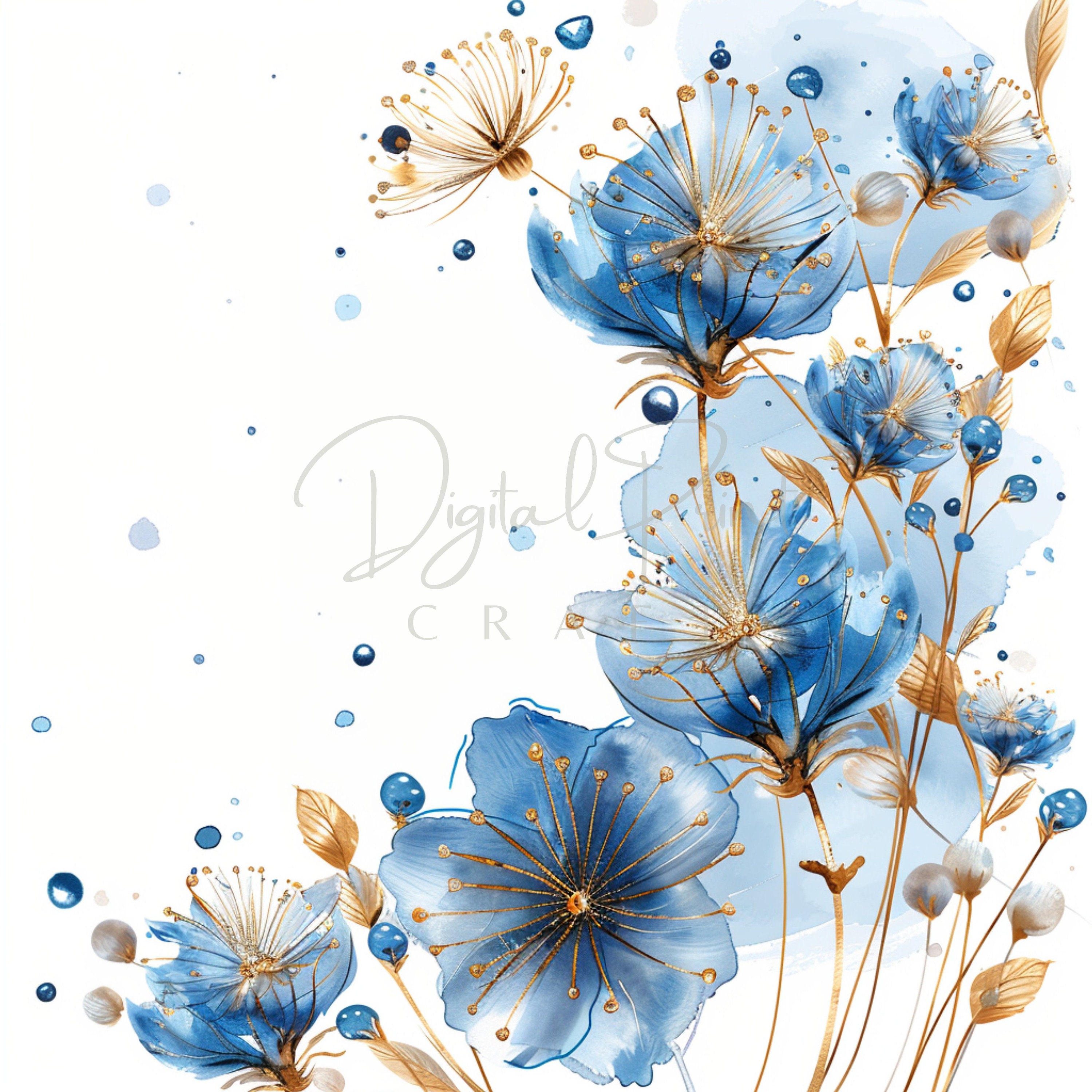 Flower Abstract Print Art Clipart, Gold Blue Floral, 20 Jpgs, Printable ...