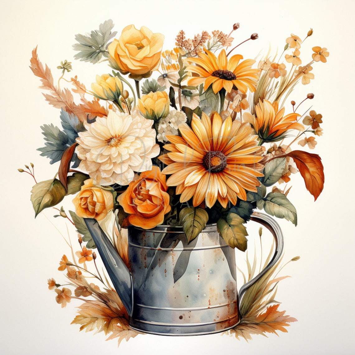 Watering Cans Bouquet of Flowers, Floral Bucket, 12 Jpgs, Printable Watercolor Clipart, Digital ...