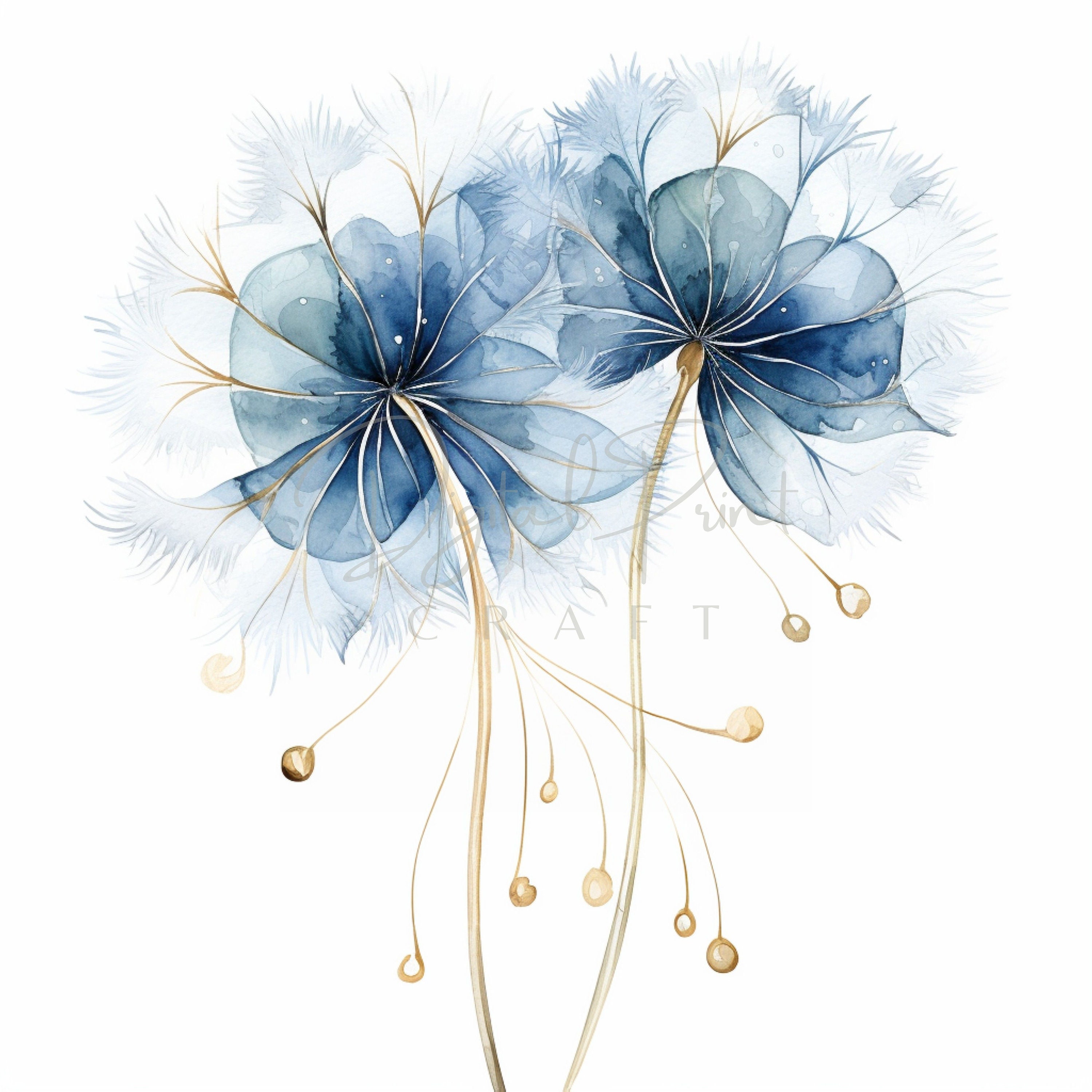 Abstract Floral Watercolor Print Clipart, Gold Blue Floral, 15 JPG ...
