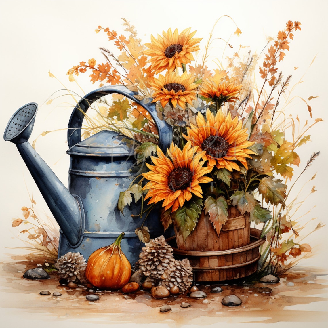 Watering Cans Bouquet of Flowers, Floral Bucket, 12 Jpgs, Printable Watercolor Clipart, Digital ...