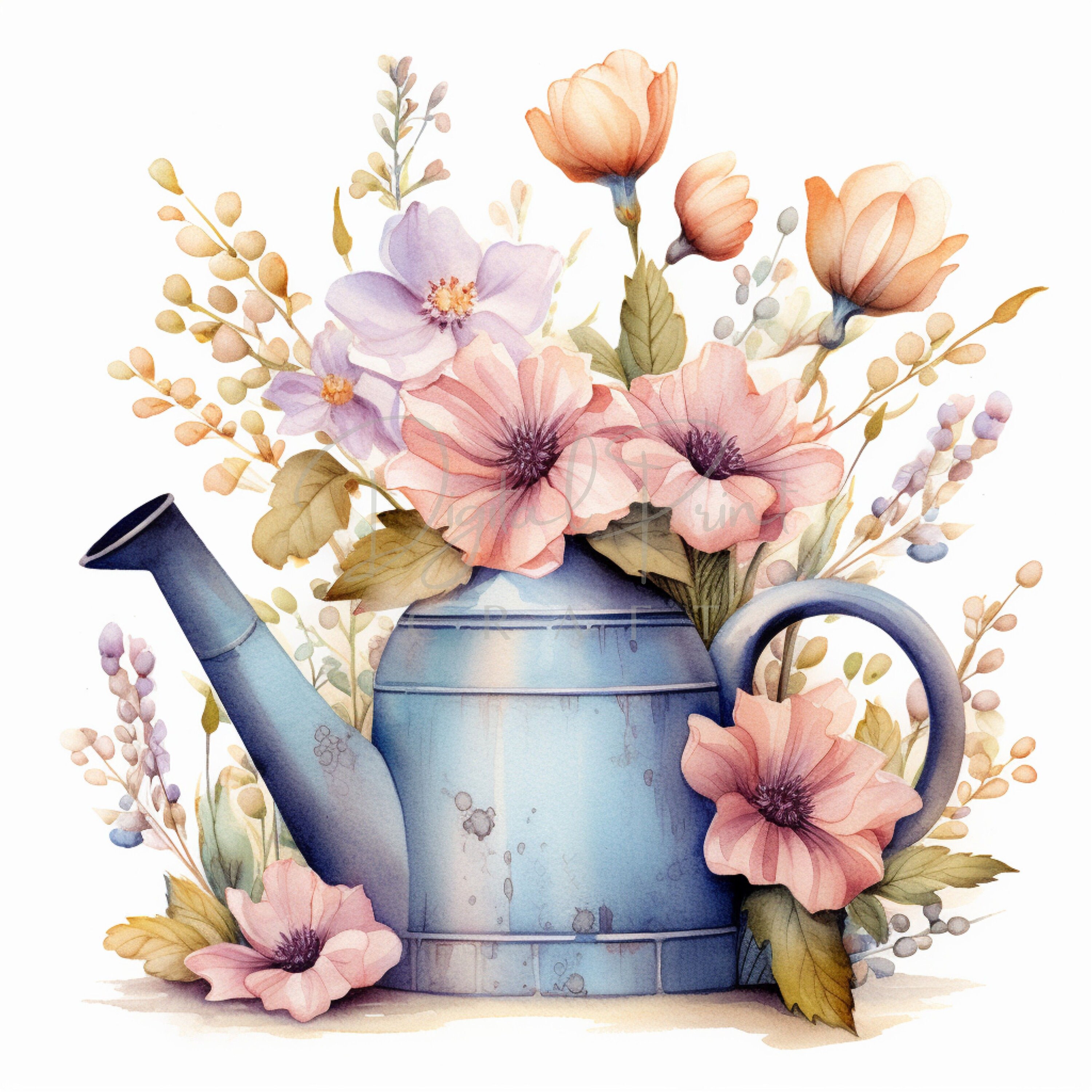 Shabby Chic Blue Watering Can, Flower Clipart, 12 High Quality Jpgs ...