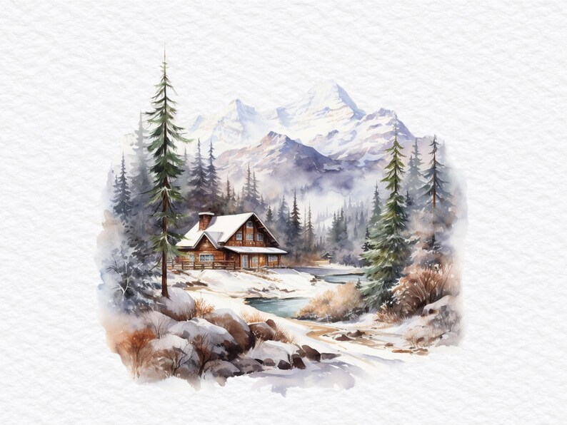 Winter Cabin Clipart, Christmas Cabin Clipart, Snow Scene Clipart ...