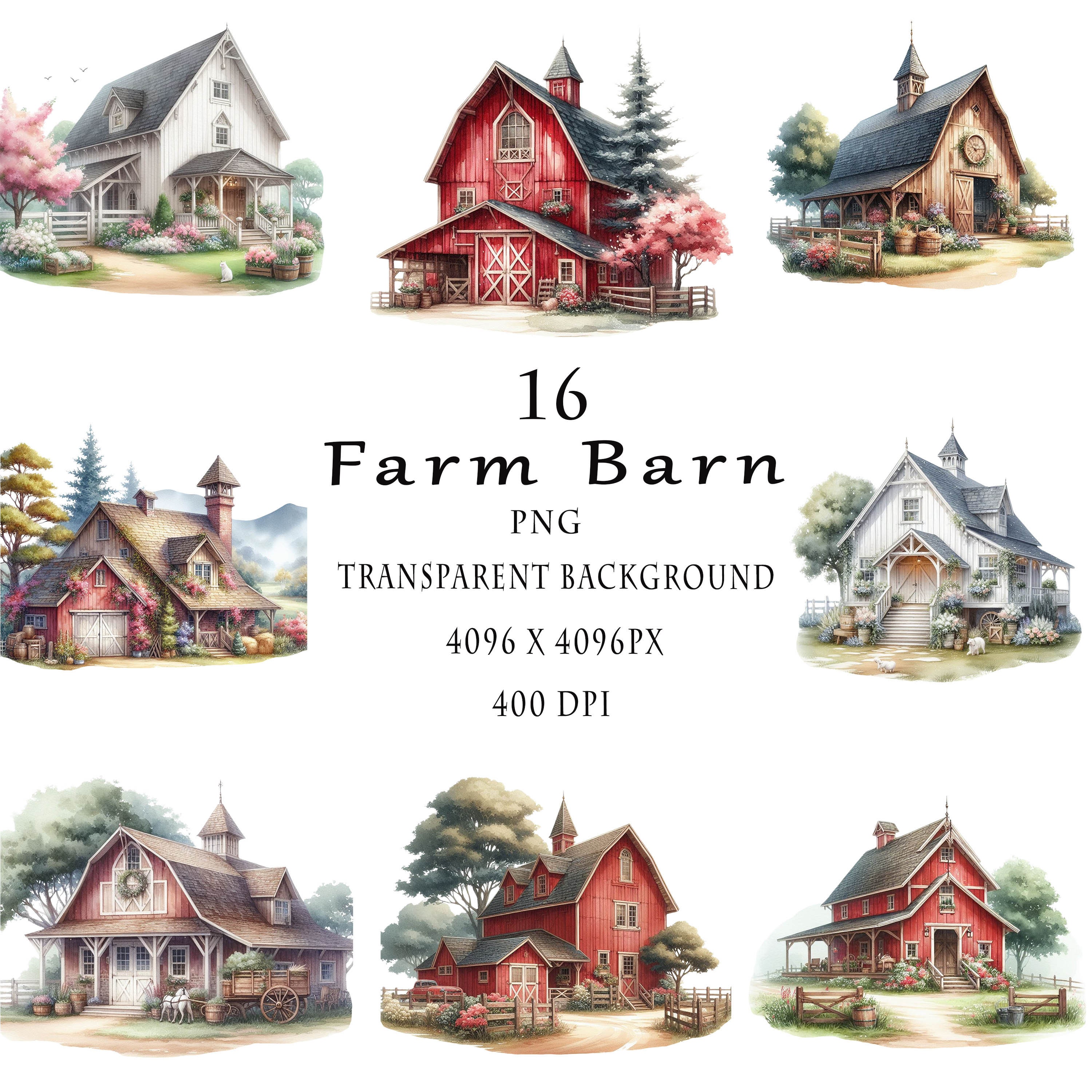 Farmhouse Clipart PNG Transparent Watercolor Farm Barn Bundle 16 PNG ...