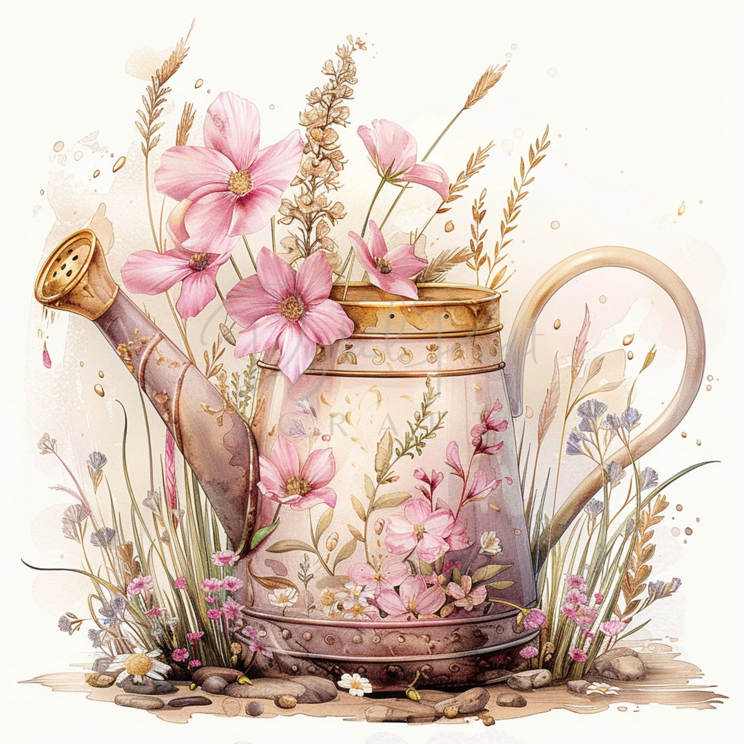 Shabby Chic Pink Watering Can, Flower Clipart, 13 High Quality Jpgs ...