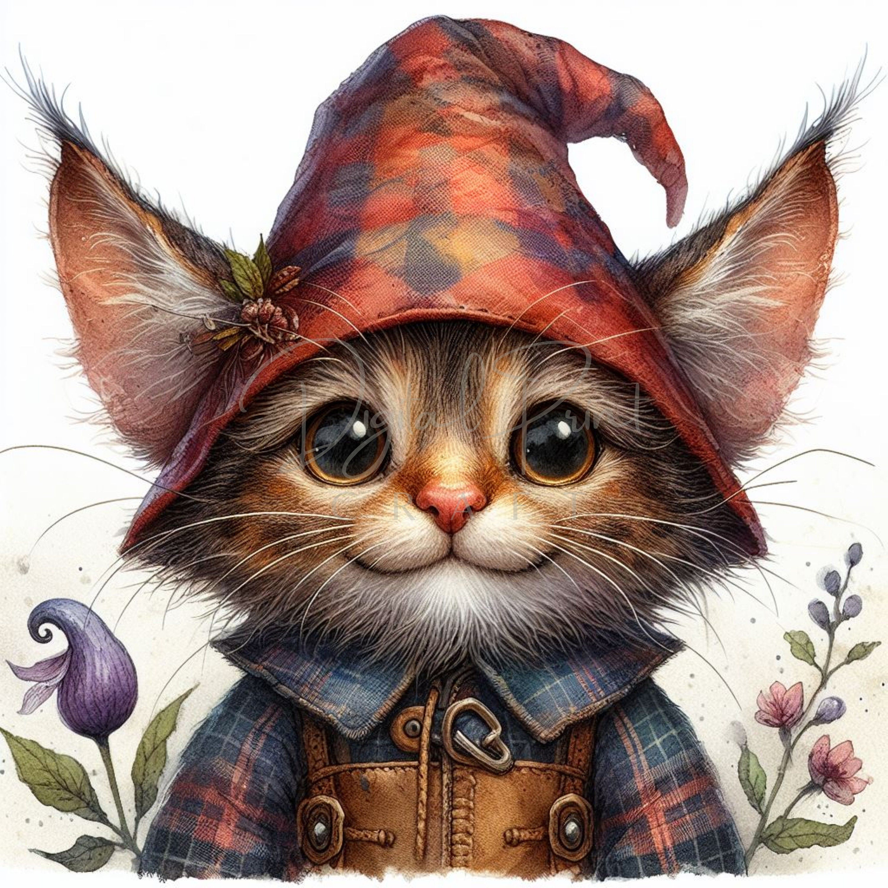 Gnome Cat Watercolor Clipart Bundle , 13 JPG High Quality Clipart, Pet ...