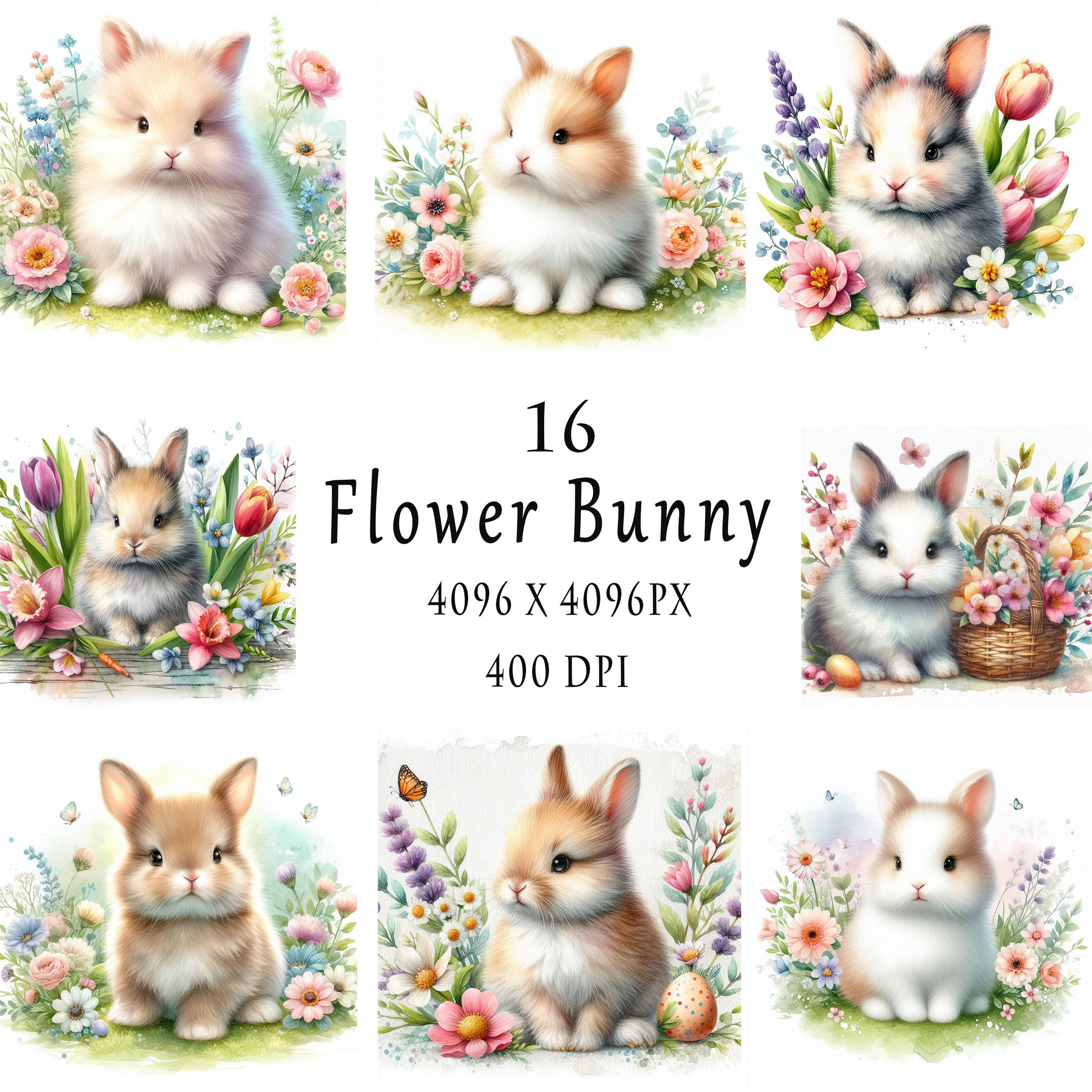 Bunny Spring Flowers - 16 High Quality Jpgs - Bouquet Clipart - Junk ...