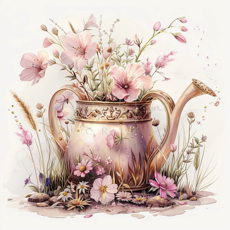 Shabby Chic Pink Watering Can, Flower Clipart, 13 High Quality Jpgs ...