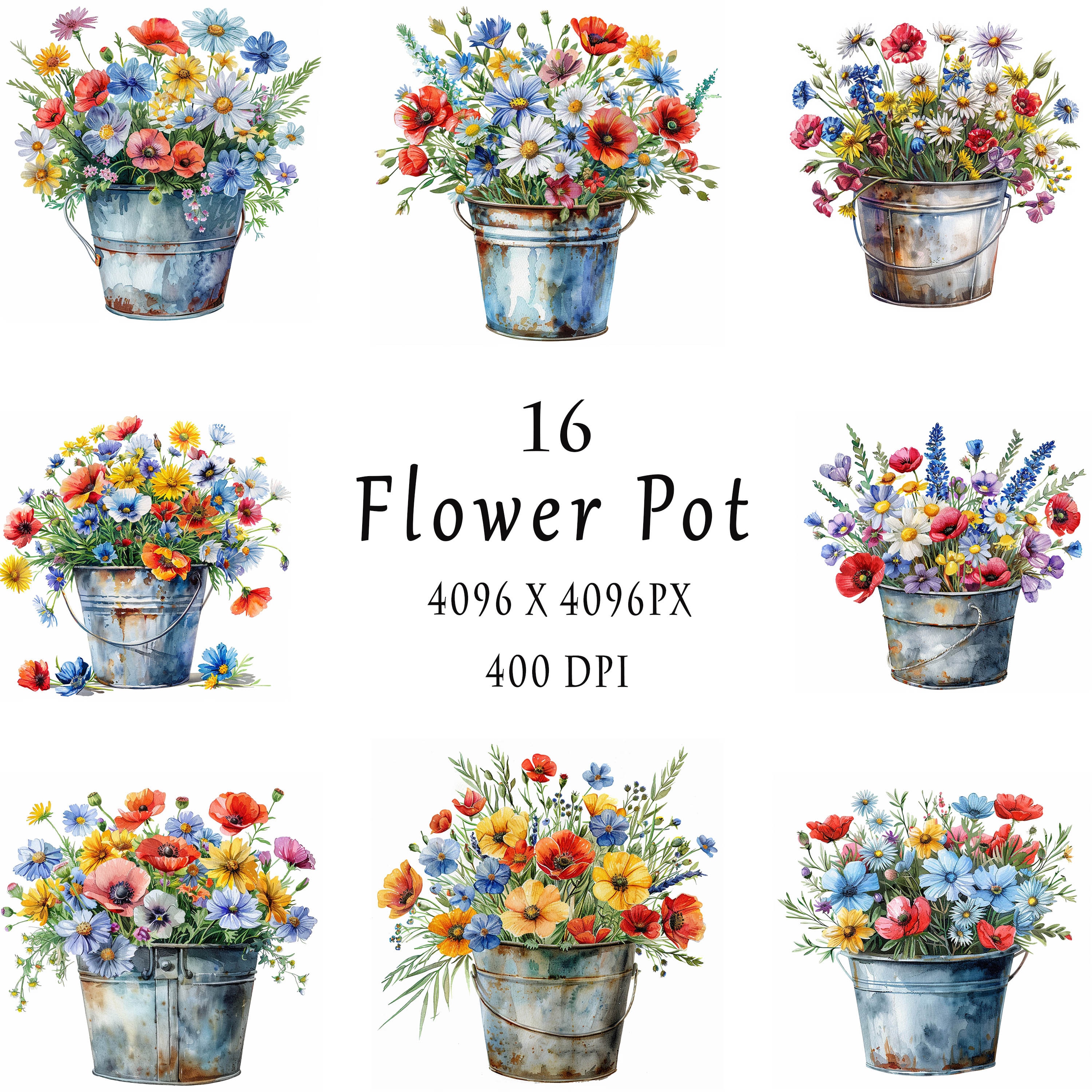 Flower Bucket Clipart, Colorful Floral Clipart,16 High Quality Jpgs ...