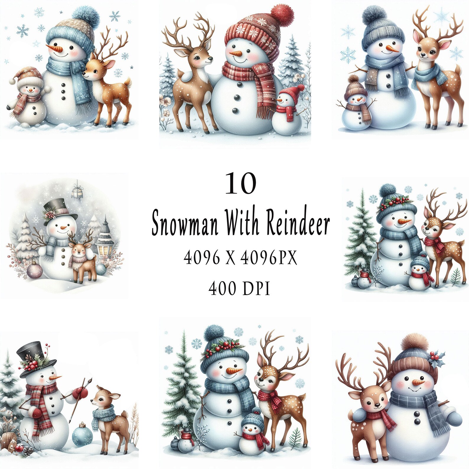 10 Snowman Reindeer, Cute Snow Clipart, Christmas for Kids, Watercolor ...