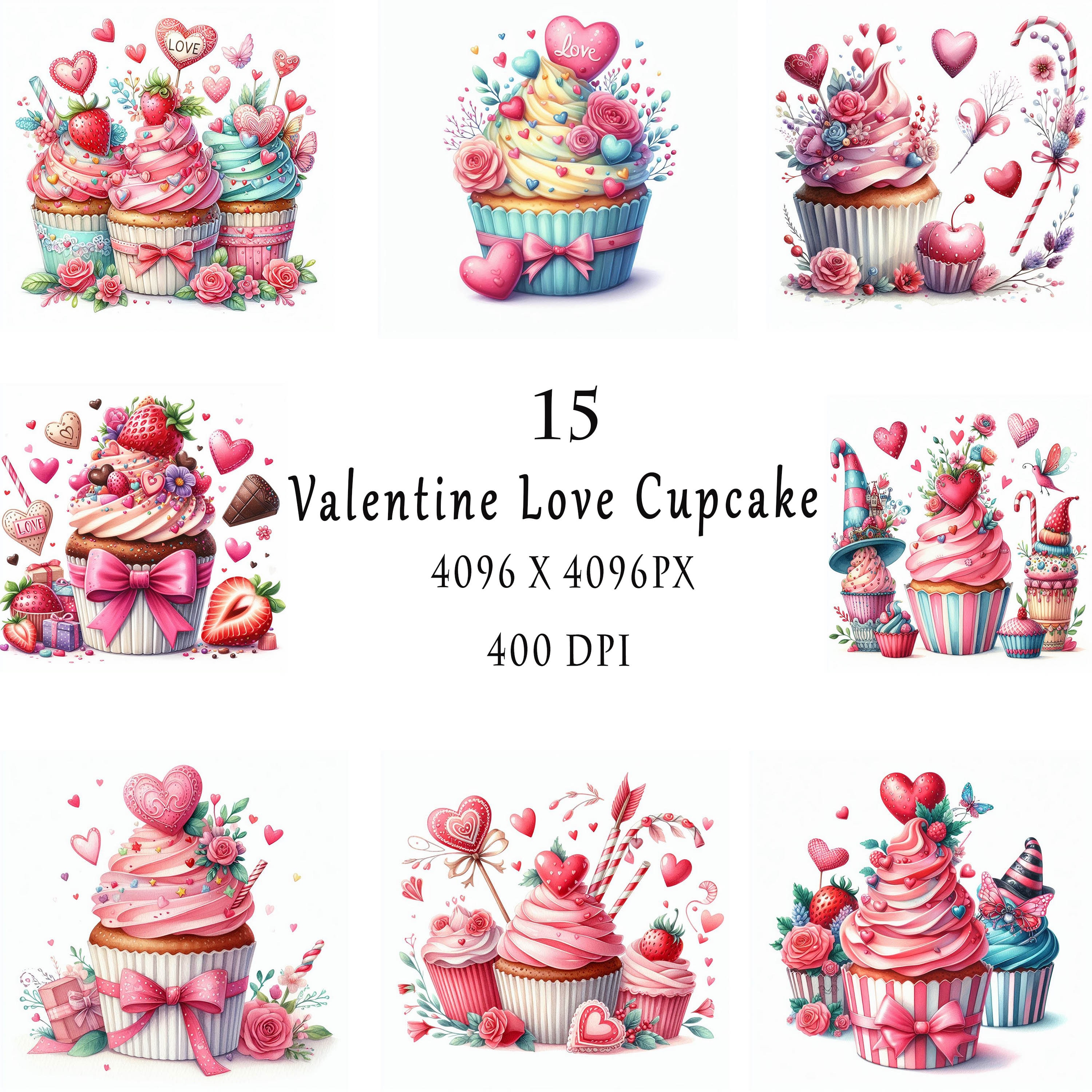 Valentine Love Cupcake Clipart, 15 JPG Valentines Day Clipart, Happy ...