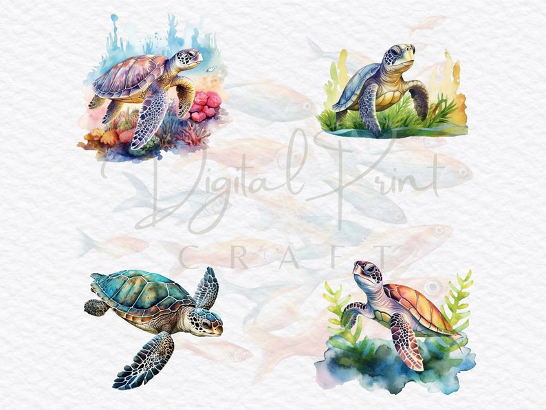 Watercolor Sea Turtle Clipart PNG Bundle,watercolor Ocean Animals ...