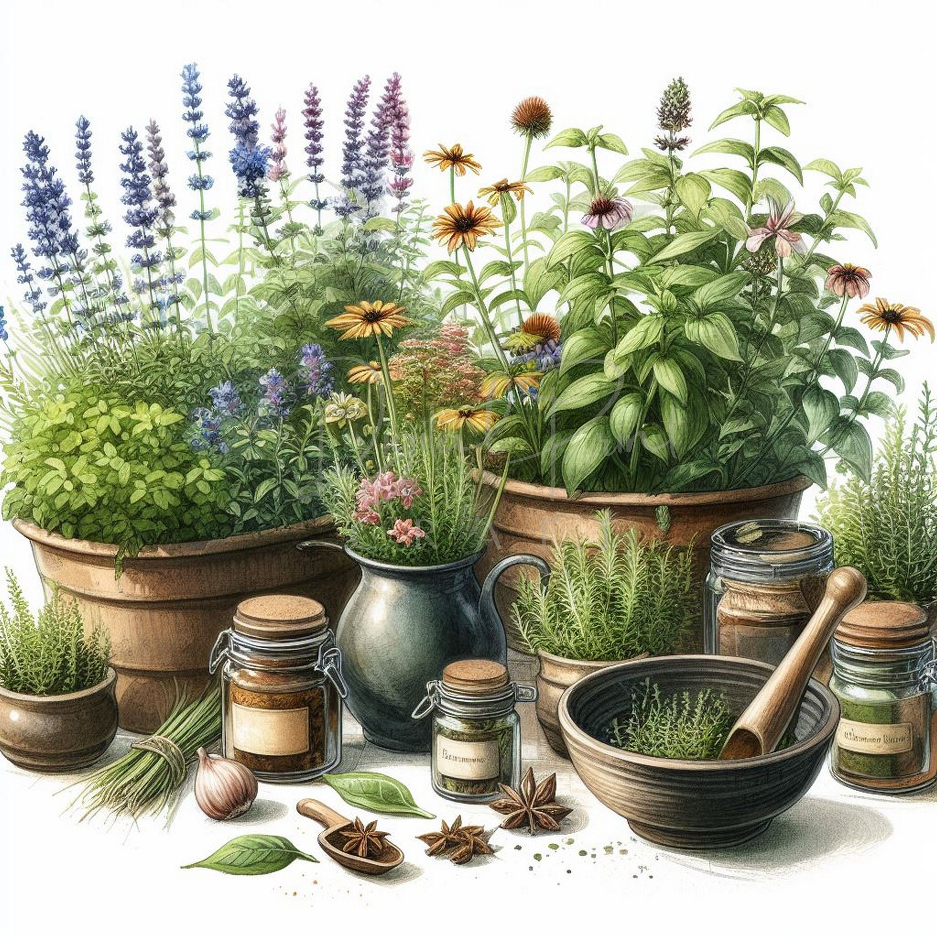 Botanical Garden Herb Clipart - 16 High Quality Jpgs, Watercolor ...