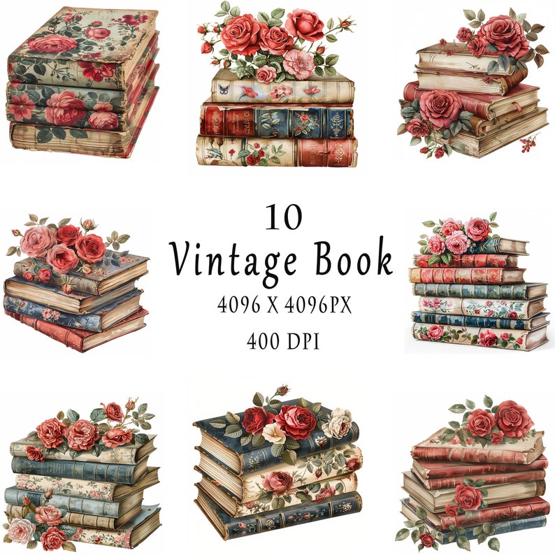 Vintage Stack of Books , Floral Book Clipart, 10 High Quality Jpgs ...