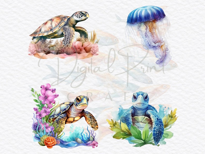 Watercolor Sea Turtle Clipart PNG Bundle,watercolor Ocean Animals ...