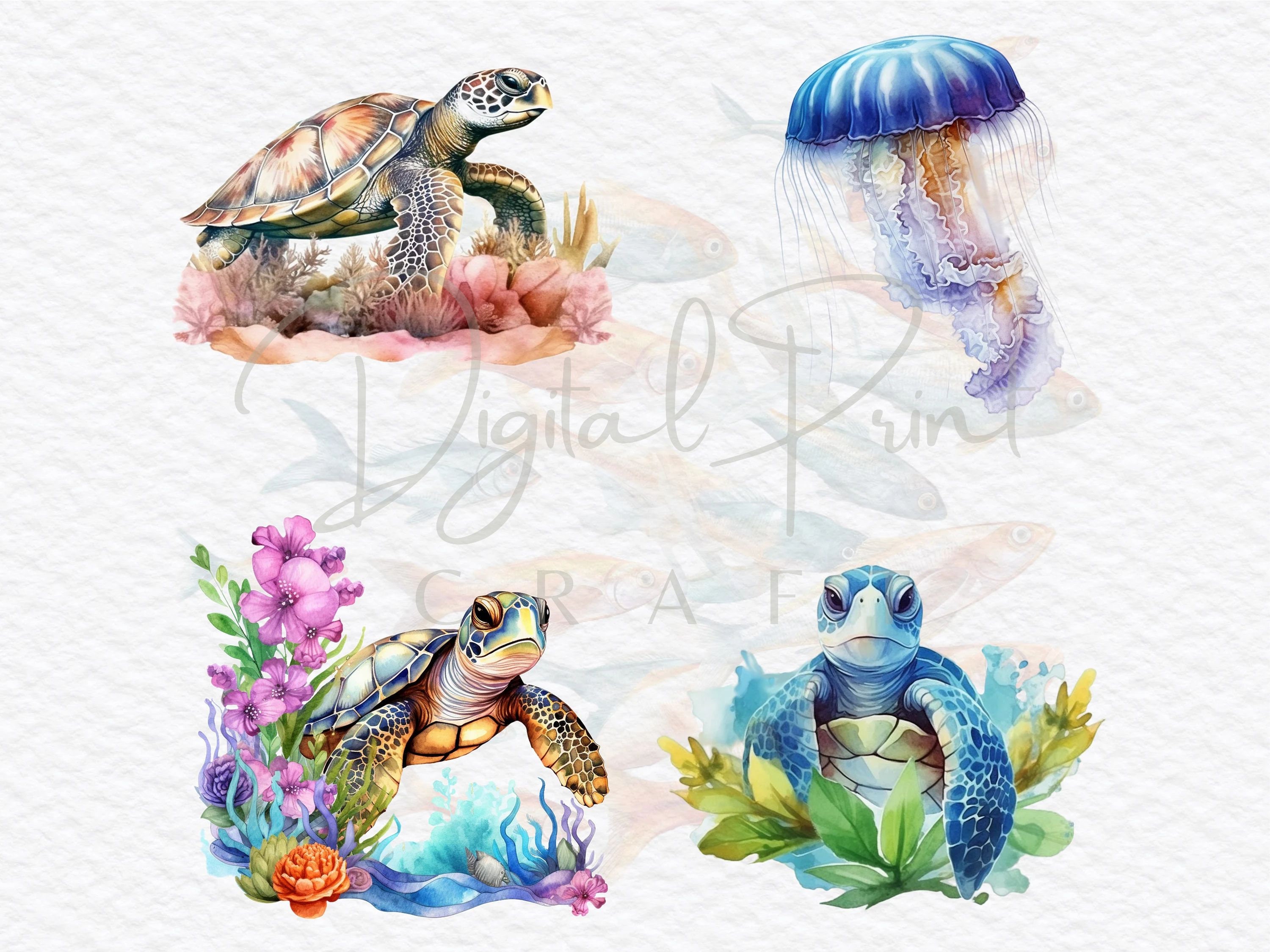 Watercolor Sea Turtle Clipart PNG Bundle,watercolor Ocean Animals ...