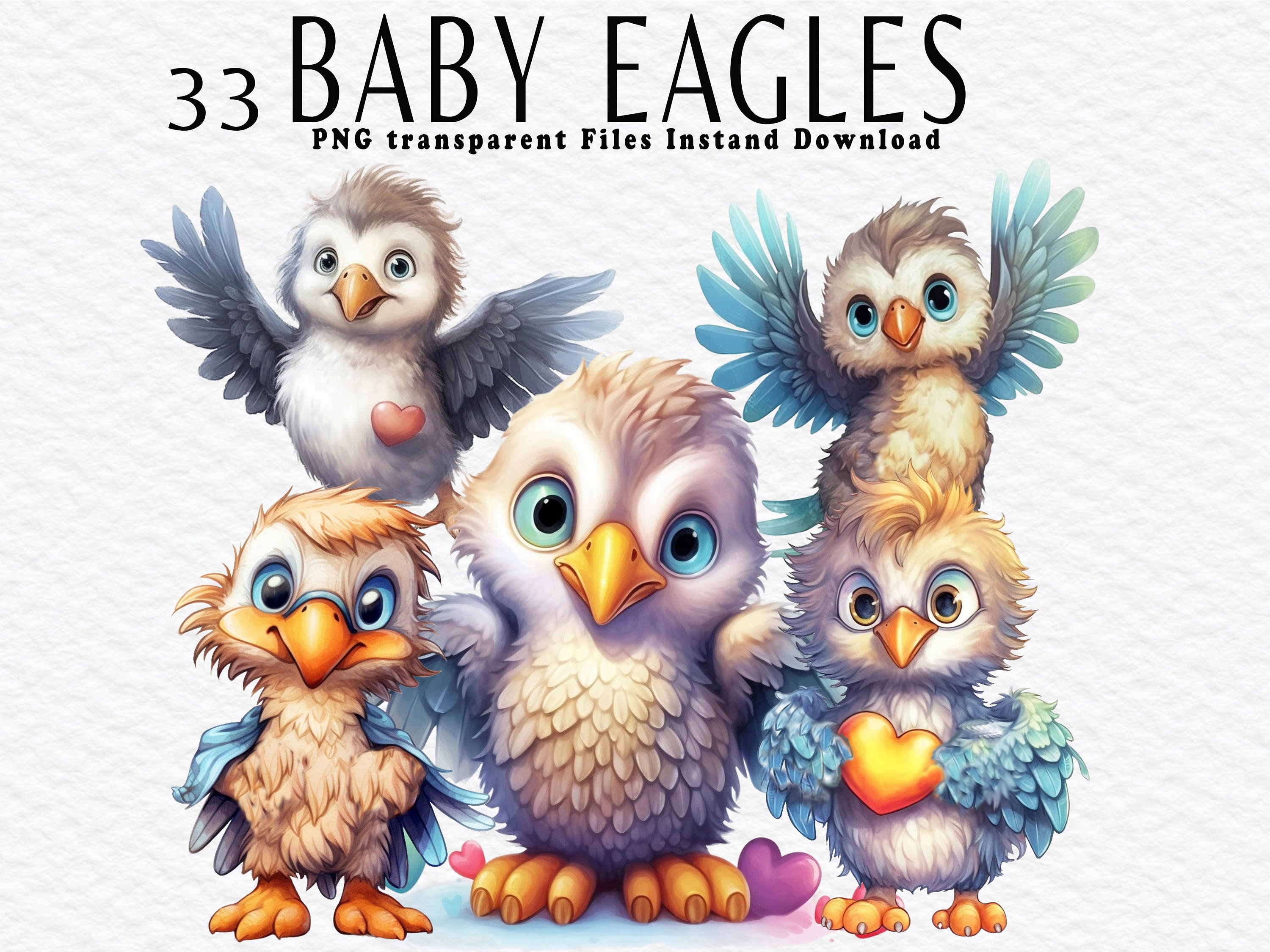Colorful Cute Baby Eagles Clipart PNG Bundle Watercolor PNG - Etsy