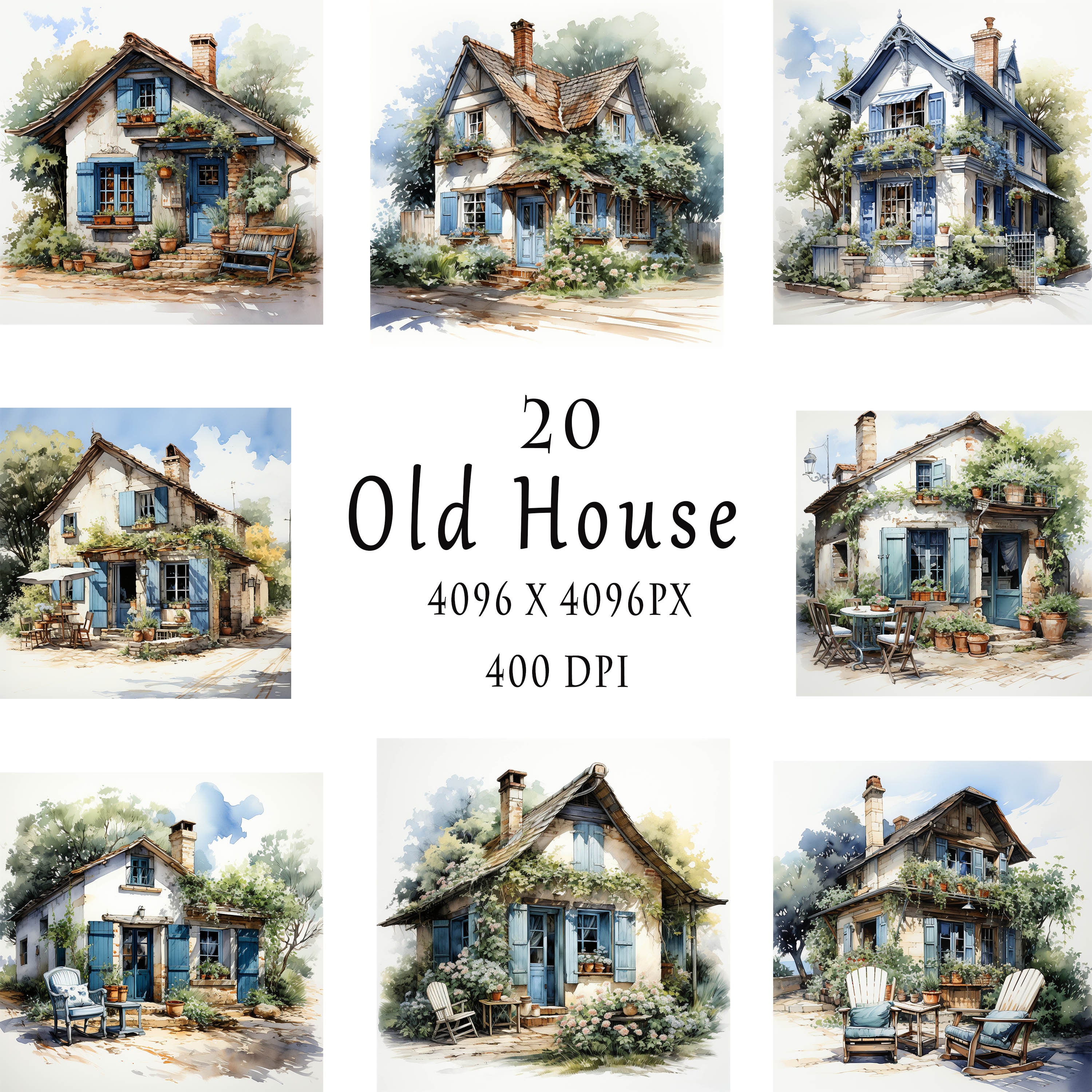 Shabby Chic House Vintage Floral Farm Watercolor Clipart Bundle 20 JPG ...