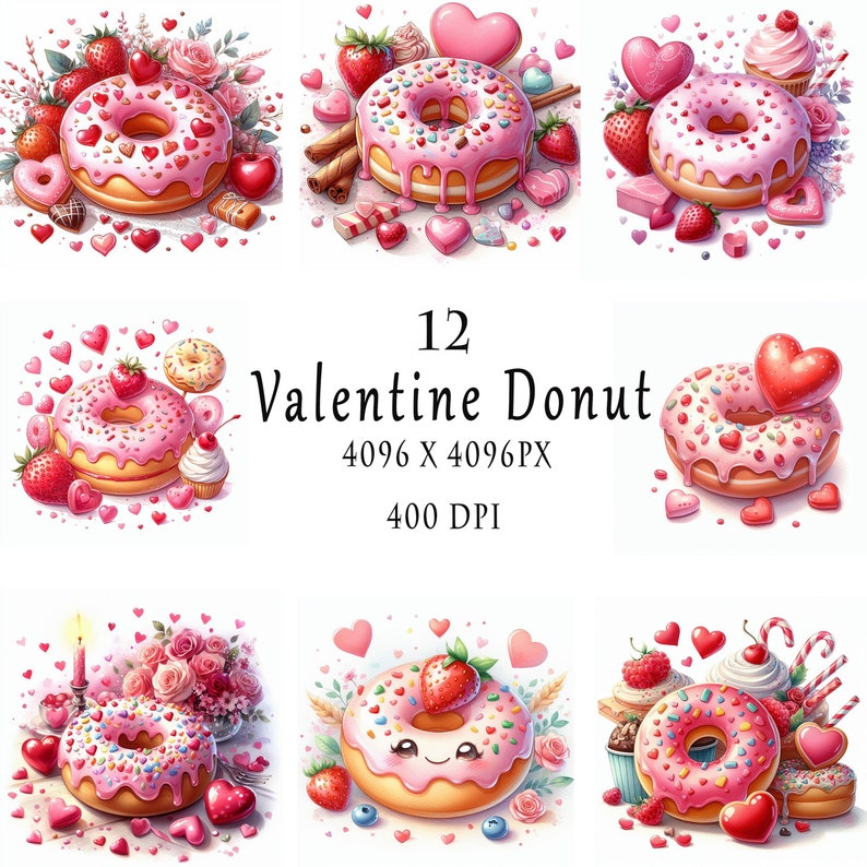 Valentine Donut Clipart, 12 JPG Valentines Day Clipart, Valentine Sweet ...
