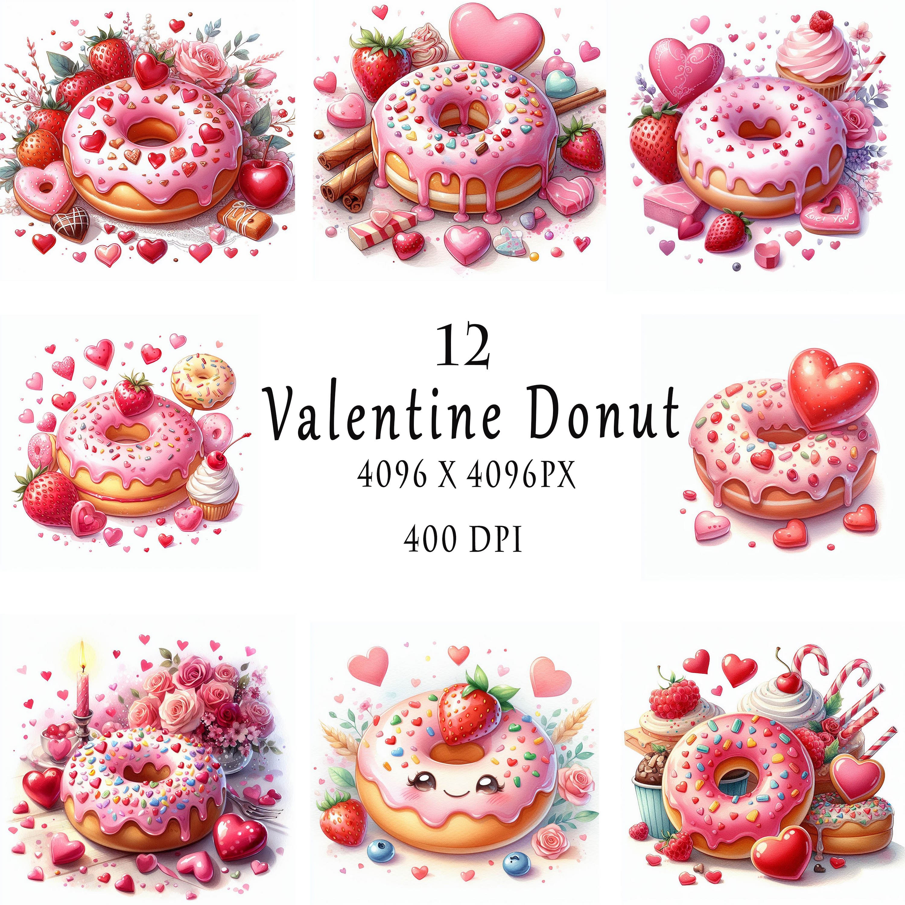 Valentine Donut Clipart, 12 JPG Valentines Day Clipart, Valentine Sweet ...