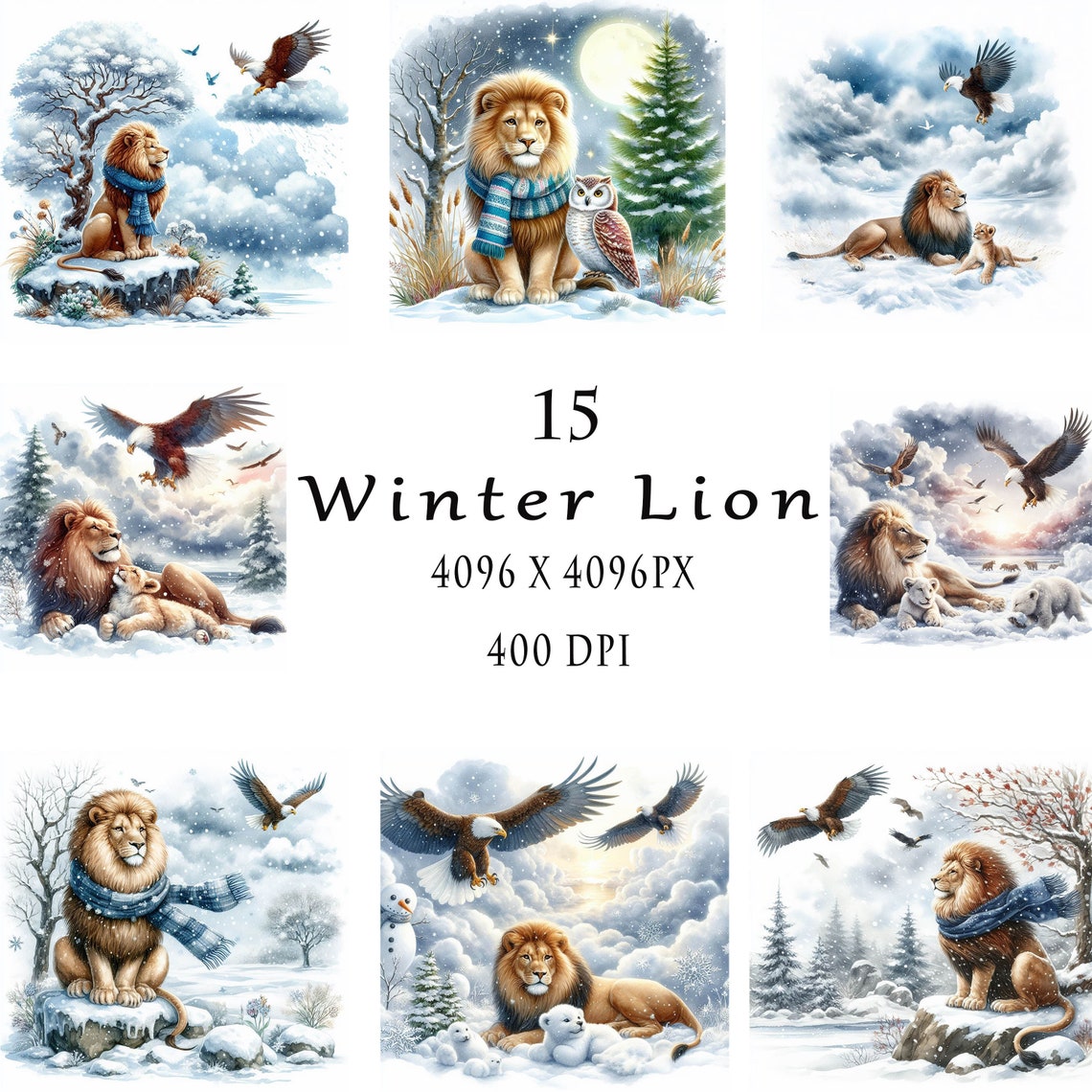 Winter Lion Clipart, 15 Jpgs, Christmas Animals, Winter JPG, Digital ...