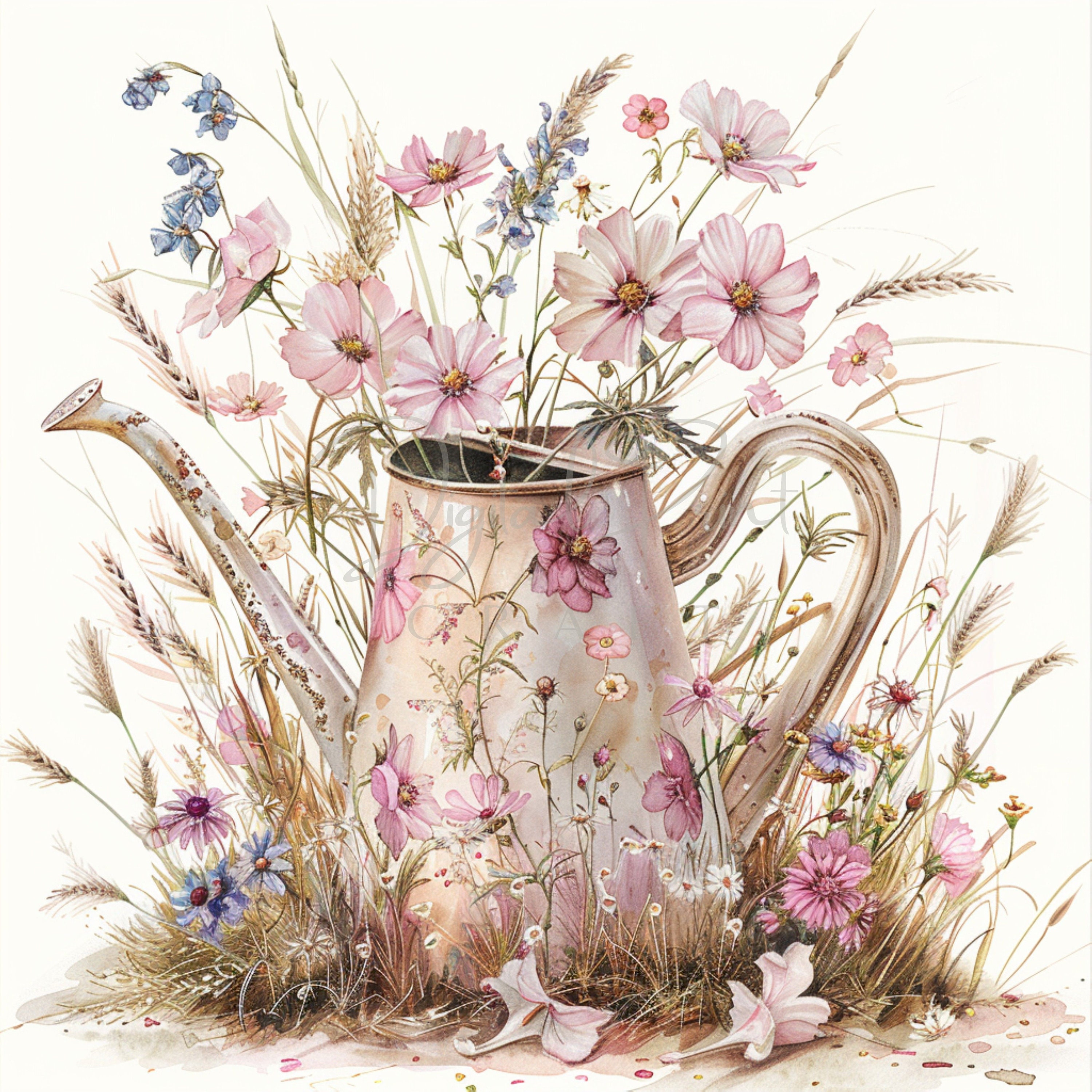 Shabby Chic Pink Watering Can, Flower Clipart, 13 High Quality Jpgs ...