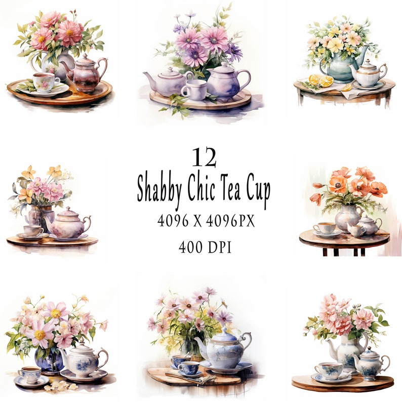 Shabby Chic Tea Cup Clipart, Teapot Clipart, 12 High Quality Jpgs ...