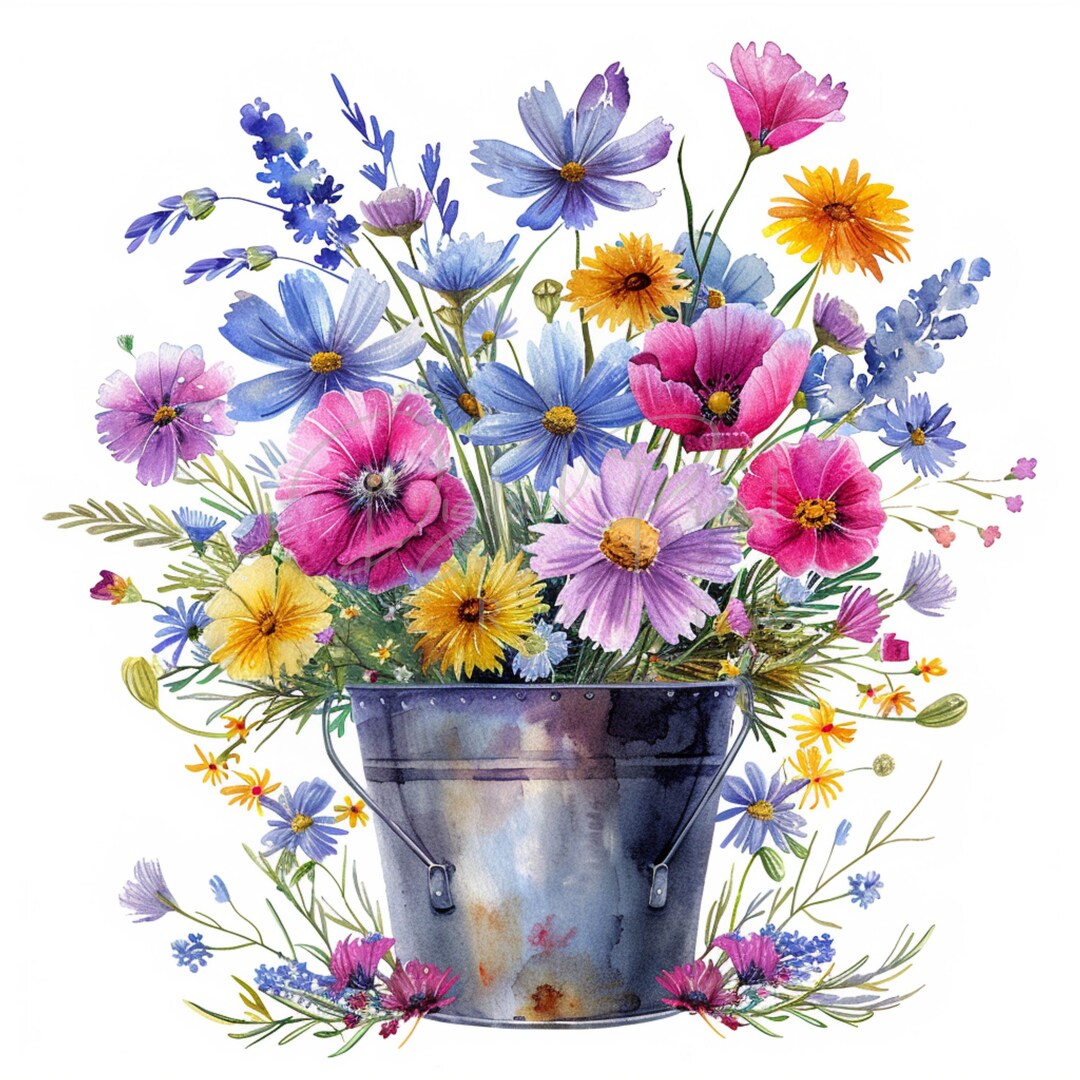 Flower Bucket Clipart, Colorful Floral Clipart,16 High Quality Jpgs ...