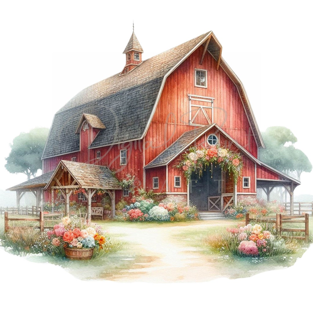Farmhouse Clipart PNG Transparent Watercolor Farm Barn Bundle | 16 PNG ...
