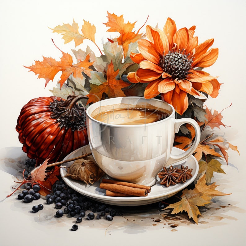 12 Fall Coffe Mug Clipart, Floral Autumn Decoration, Ideal for ...