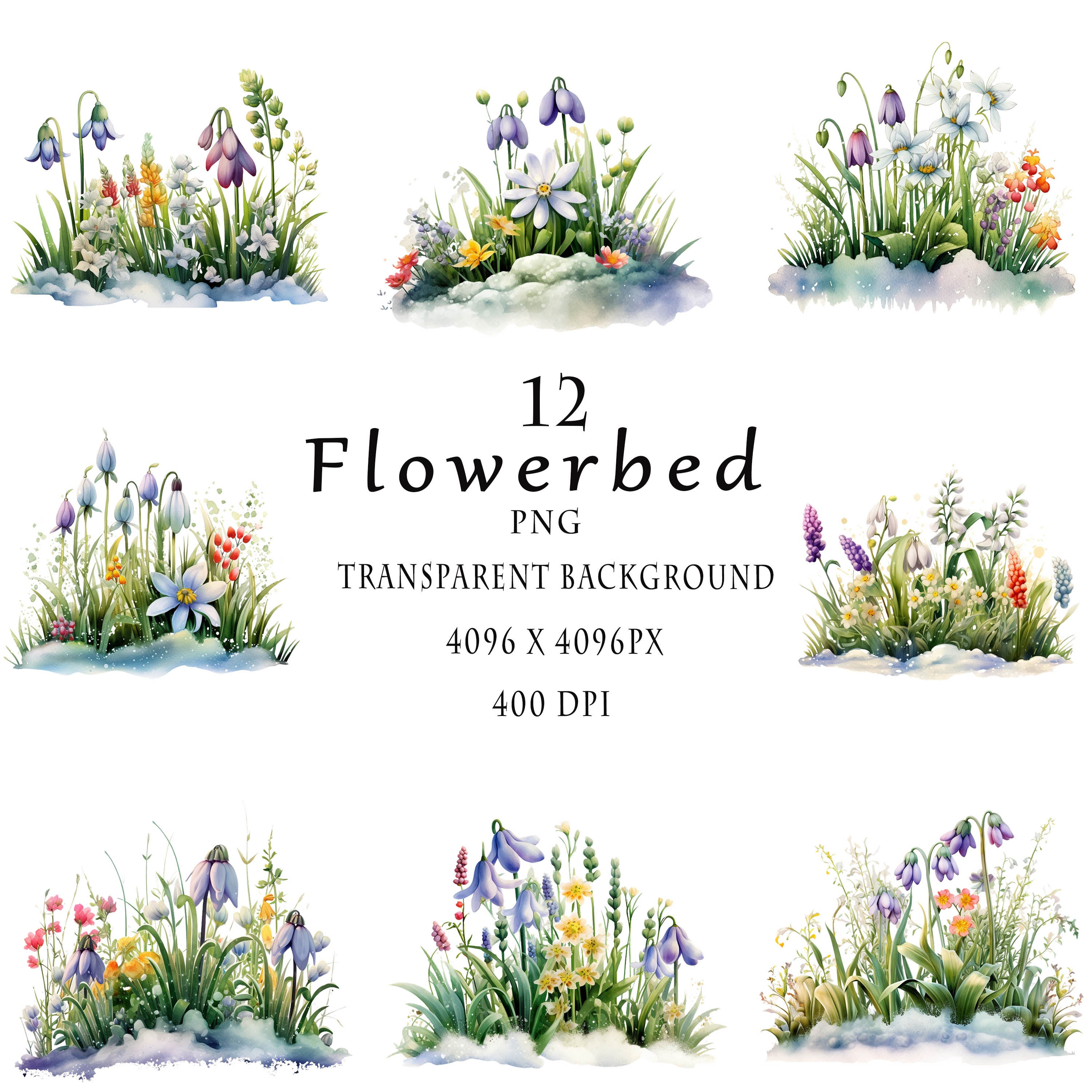 Wildflowers Flowerbed Clipart, Watercolor Meadow Flowers, 12 PNG ...