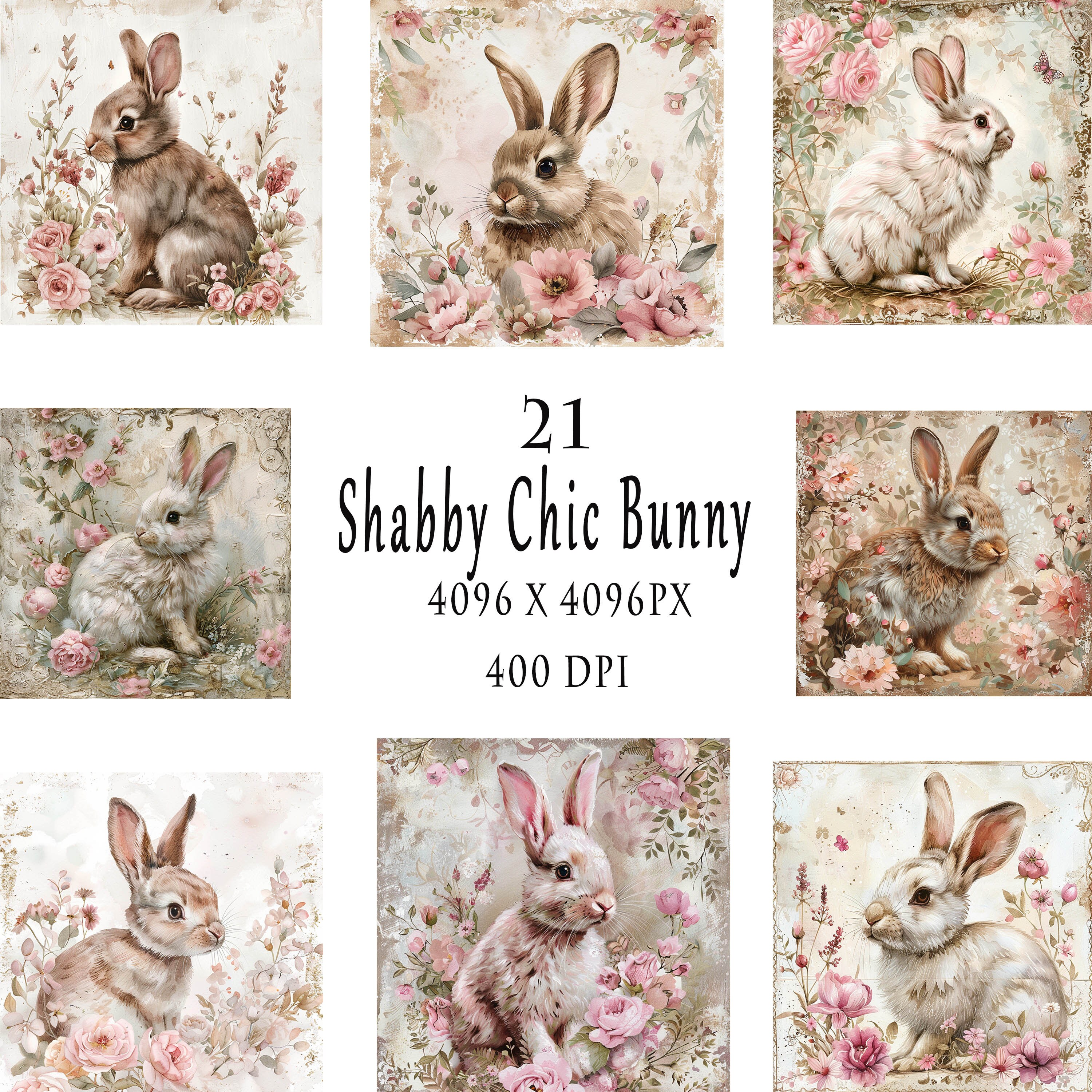 Shabby Chic Floral Bunny Vintage Clipart Bundle| 21 High Quality Jpgs ...
