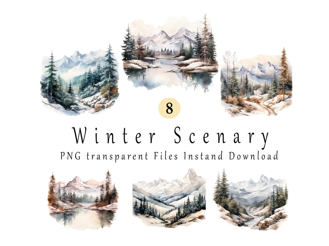 Winter Scenary Clipart, Christmas Cabin Clipart, Snow Scene Clipart ...