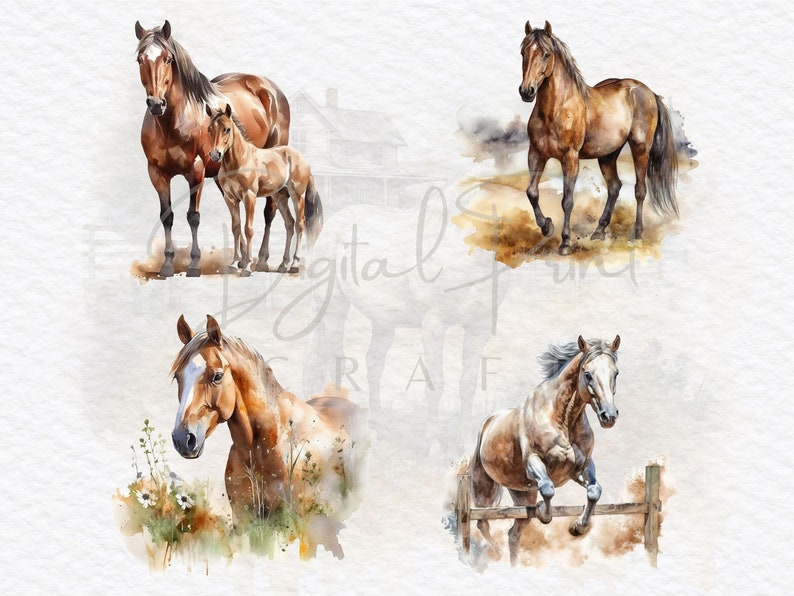 Horses Watercolor Clipart 30 Horse Illustrations, Animals in the Nature ...